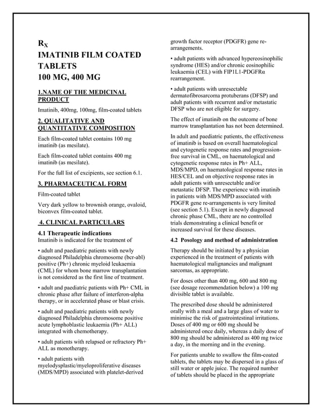 Imatinib, 400mg, 100mg, film coated tablets smpc- taj pharmaceuticals | PDF