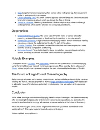 IMAX and Large Format Cinematography - Challenges and Opportunities | PDF