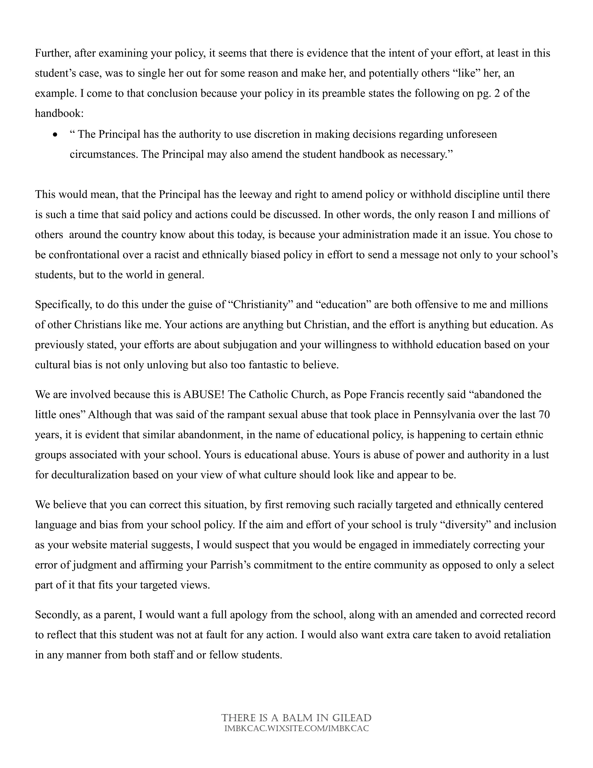 Letter to Christ The King School | PDF