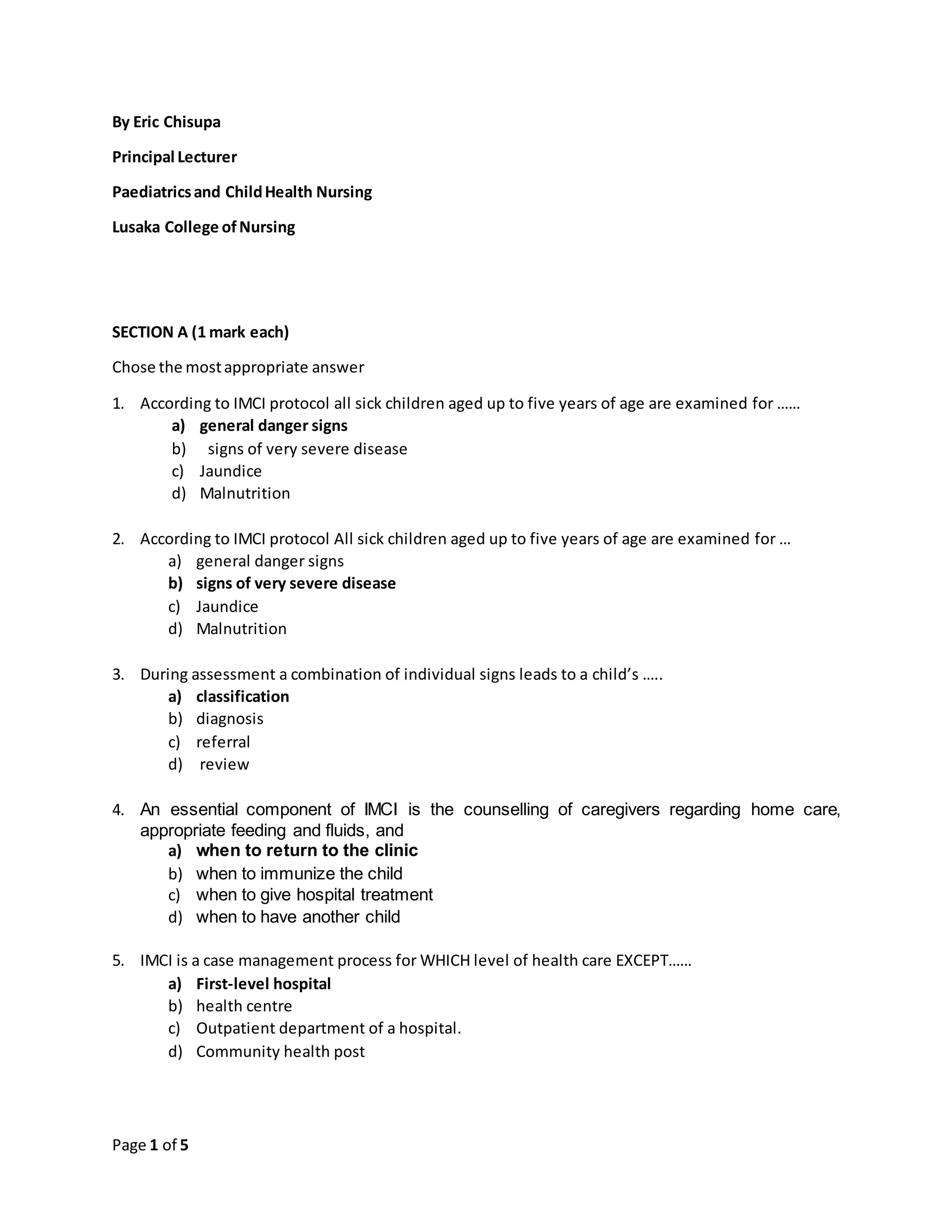 Imci answer key | DOCX