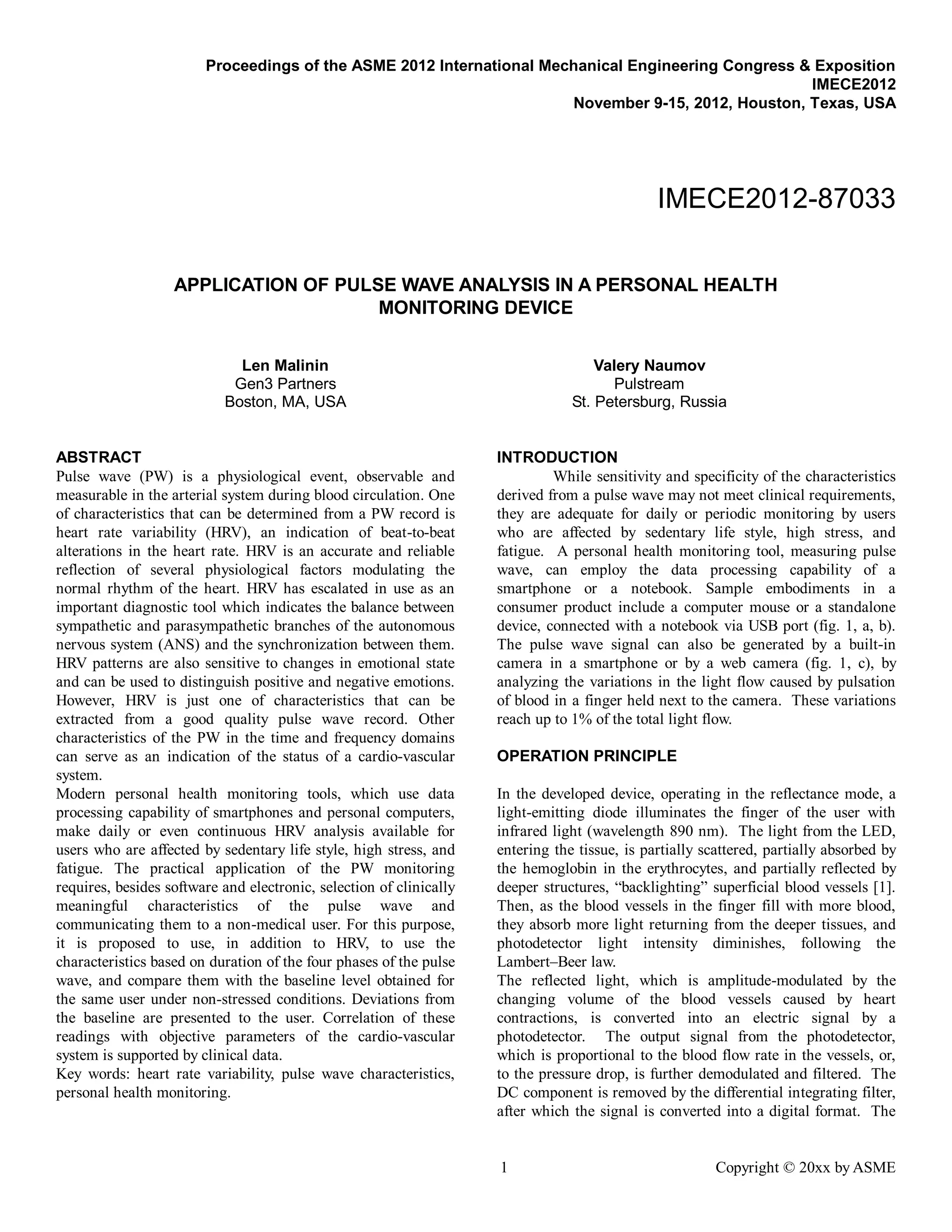 Application of pulse wave analysis in a personal health monitoring ...