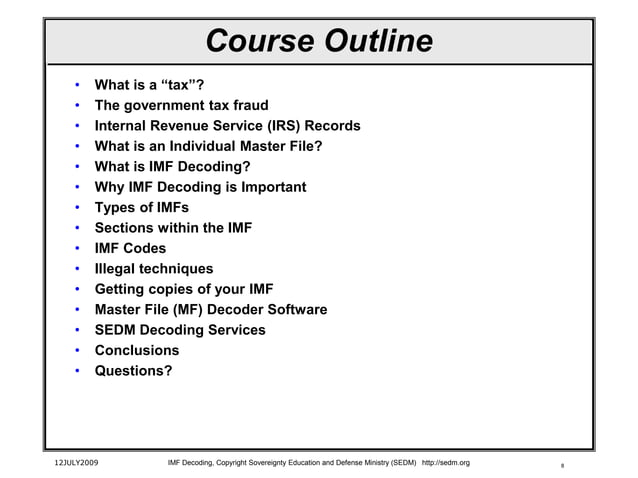Individual Master File (IMF) Decoding Course, Form #12.005