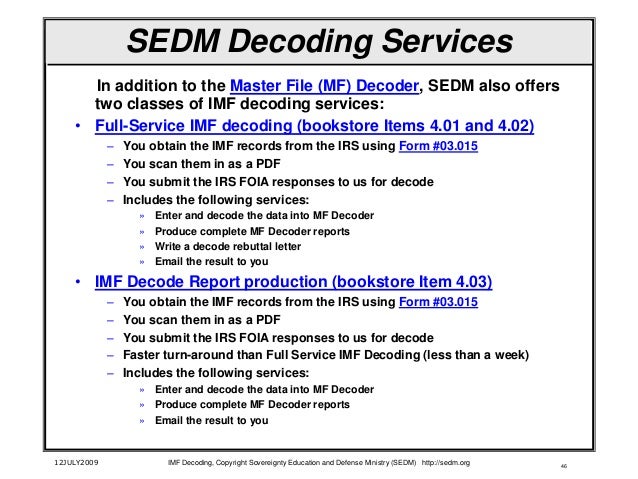 Individual Master File (IMF) Decoding Course, Form #12.005
