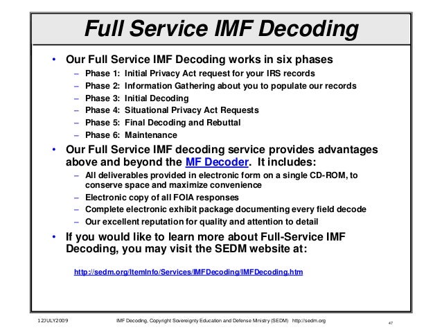 Individual Master File (IMF) Decoding Course, Form #12.005