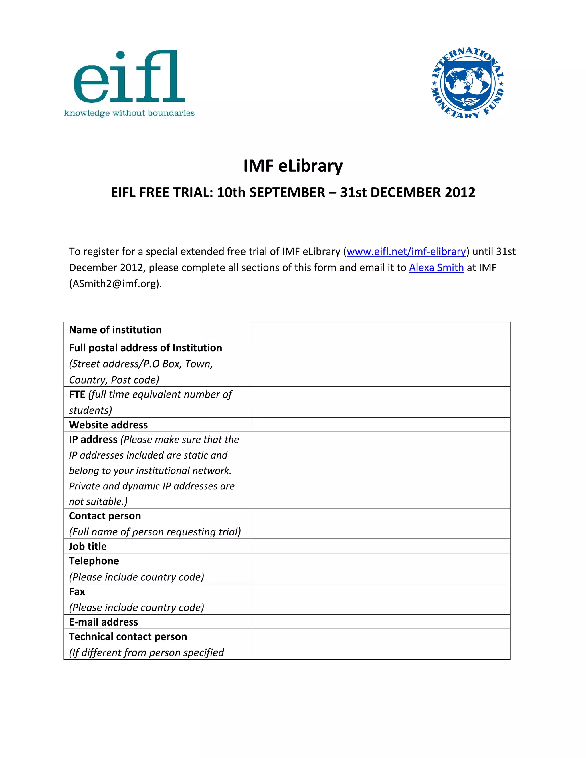Pieteikuma anketa IMF eLibrary datu bāzes bezmaksas izmēģinājumam | PDF