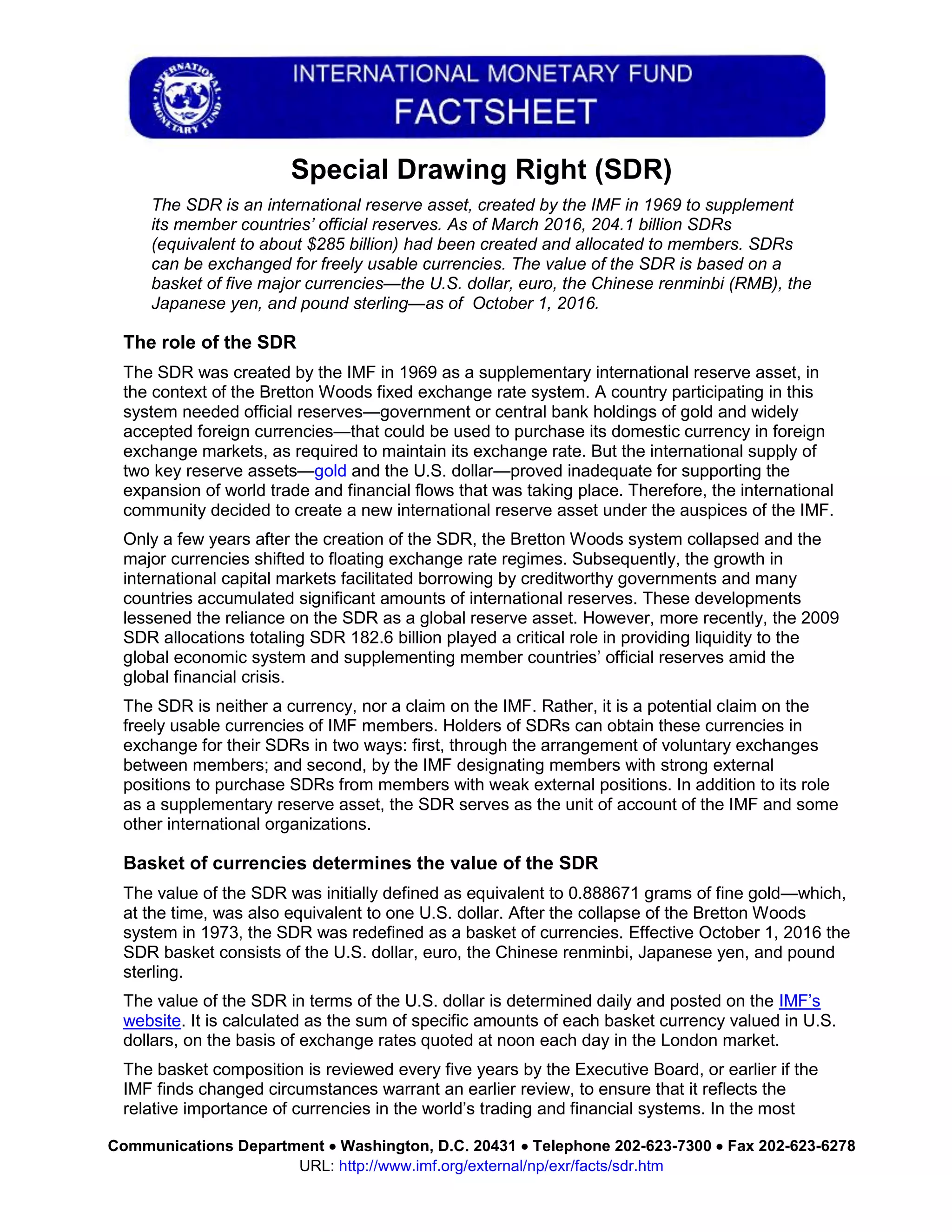 FACTSHEET - IMF SDR - Special Drawing Rights | PDF