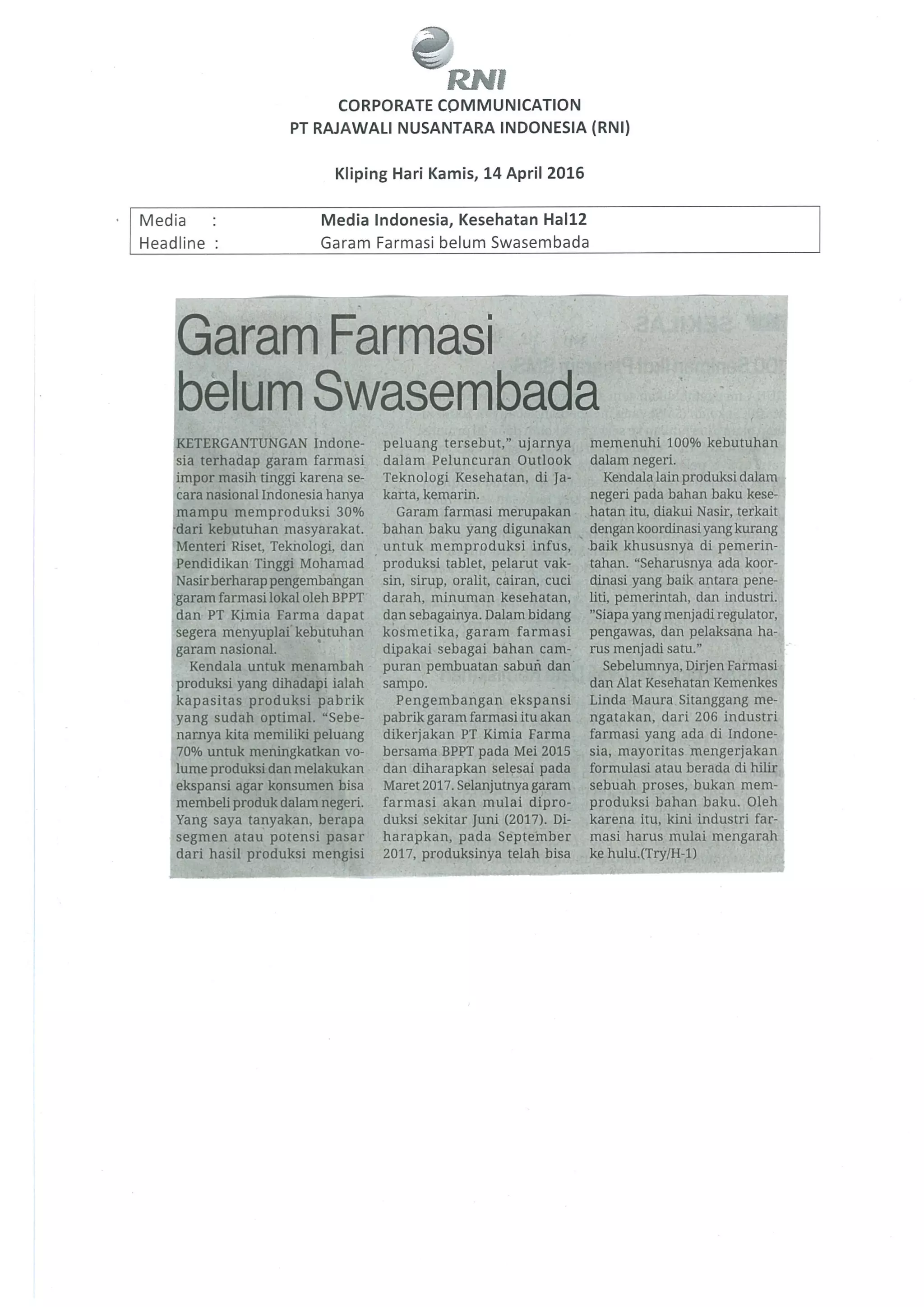 Garam Farmasi Belum Swasembada | PDF