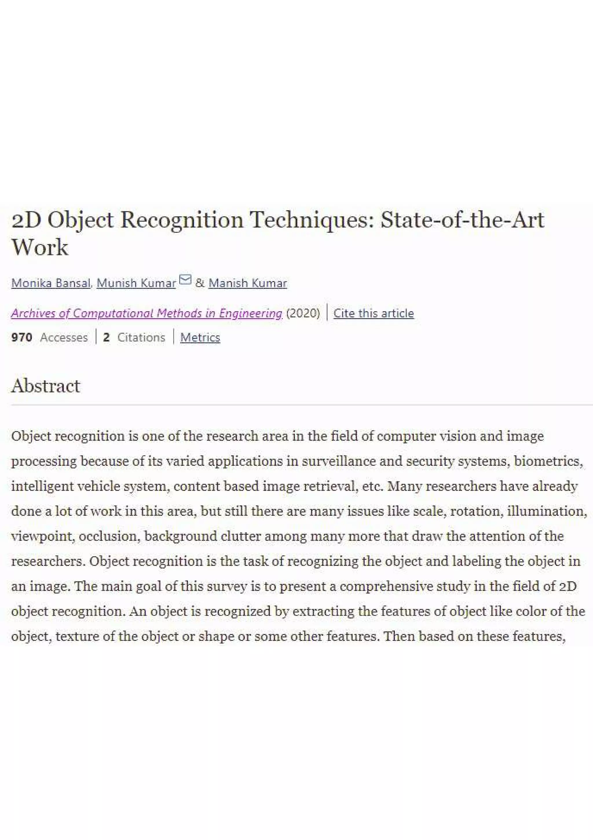 2D Object Recognition Techniques: State-of-the-Art Work | PDF