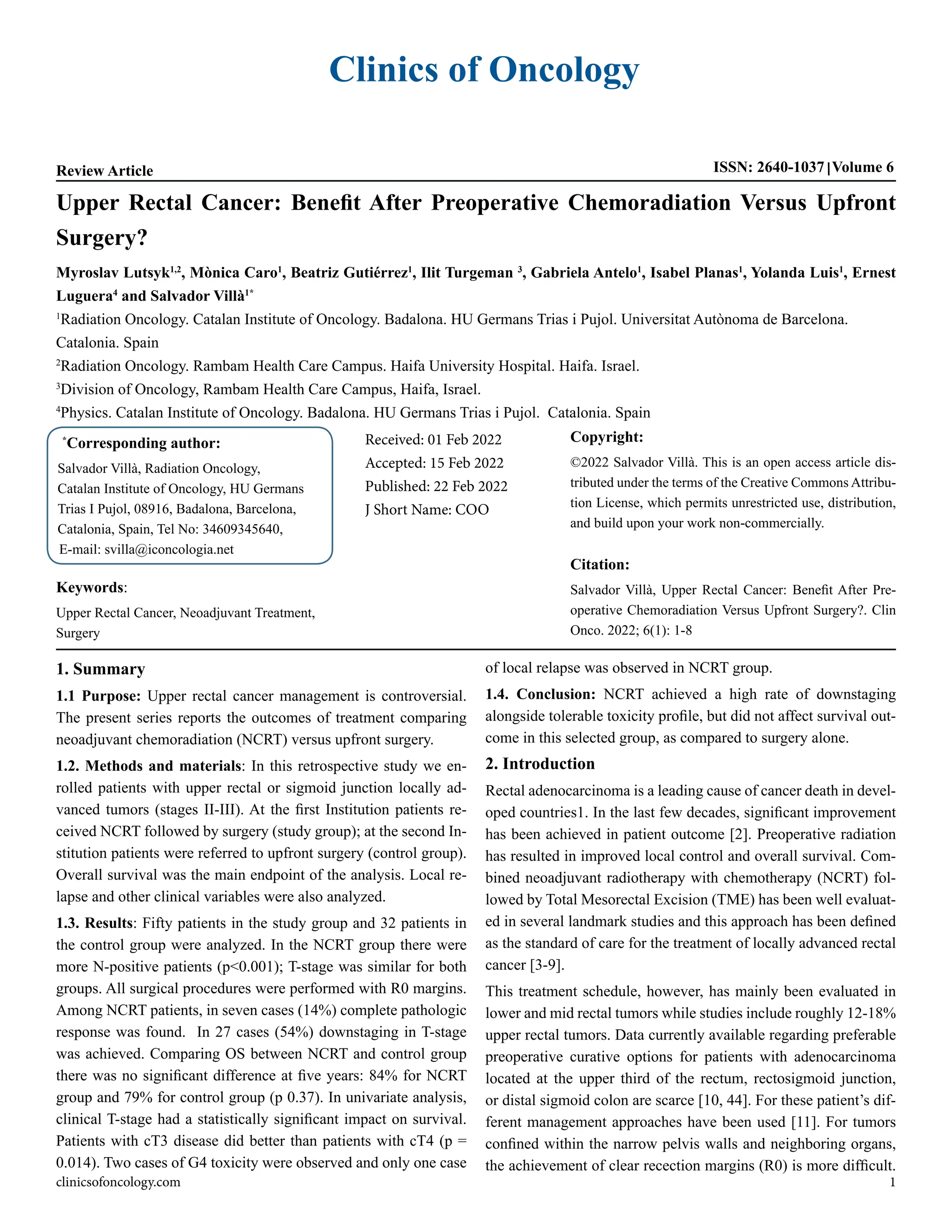 Upper Rectal Cancer: Benefit After Preoperative Chemoradiation Versus ...