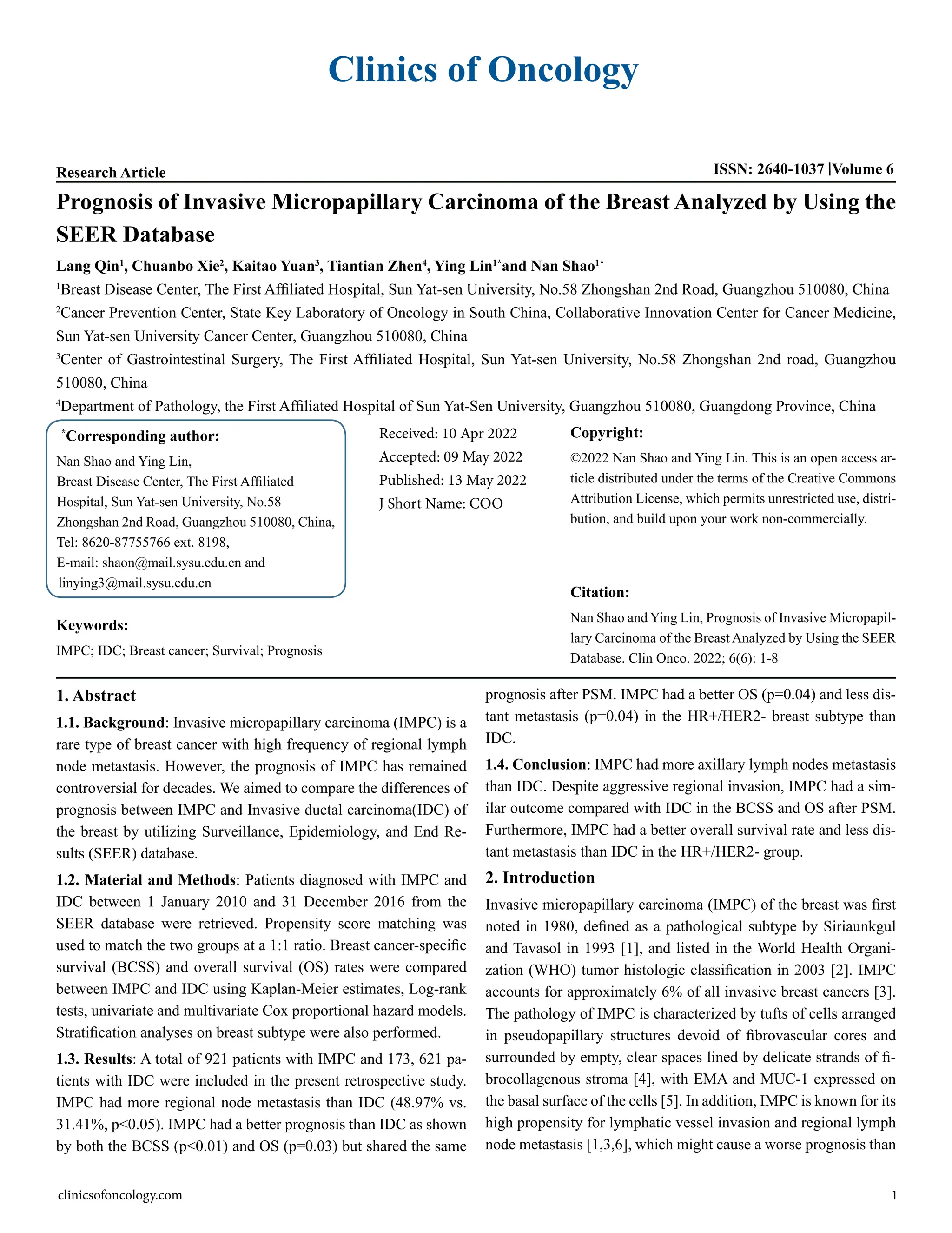 Prognosis of Invasive Micropapillary Carcinoma of the Breast Analyzed by Using the SEER Database ...