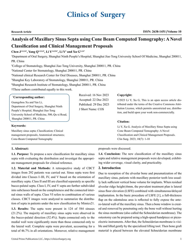 Analysis of Maxillary Sinus Septa using Cone Beam Computed Tomography: A Novel Classification ...