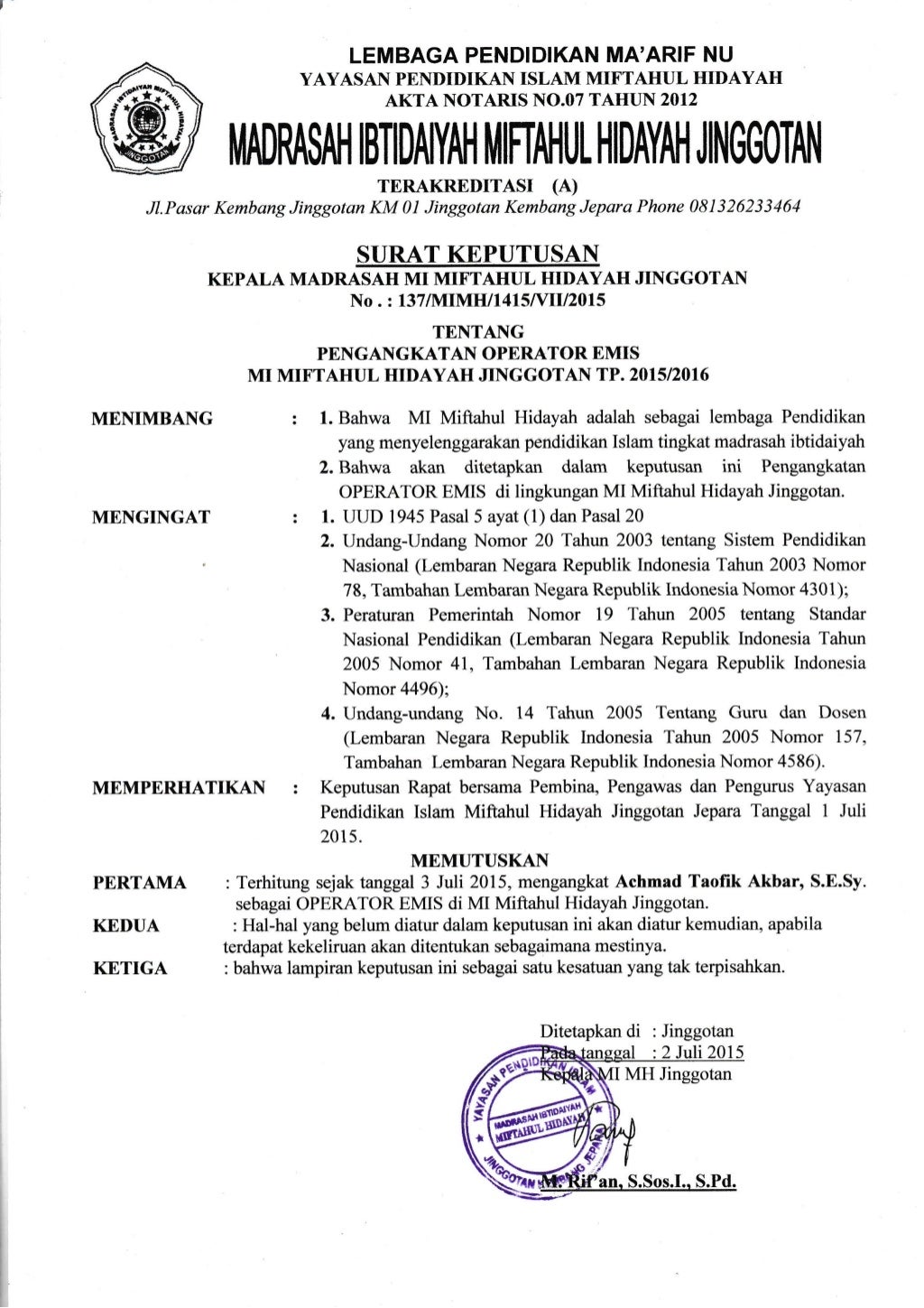 CONTOH SK OPERATOR EMIS