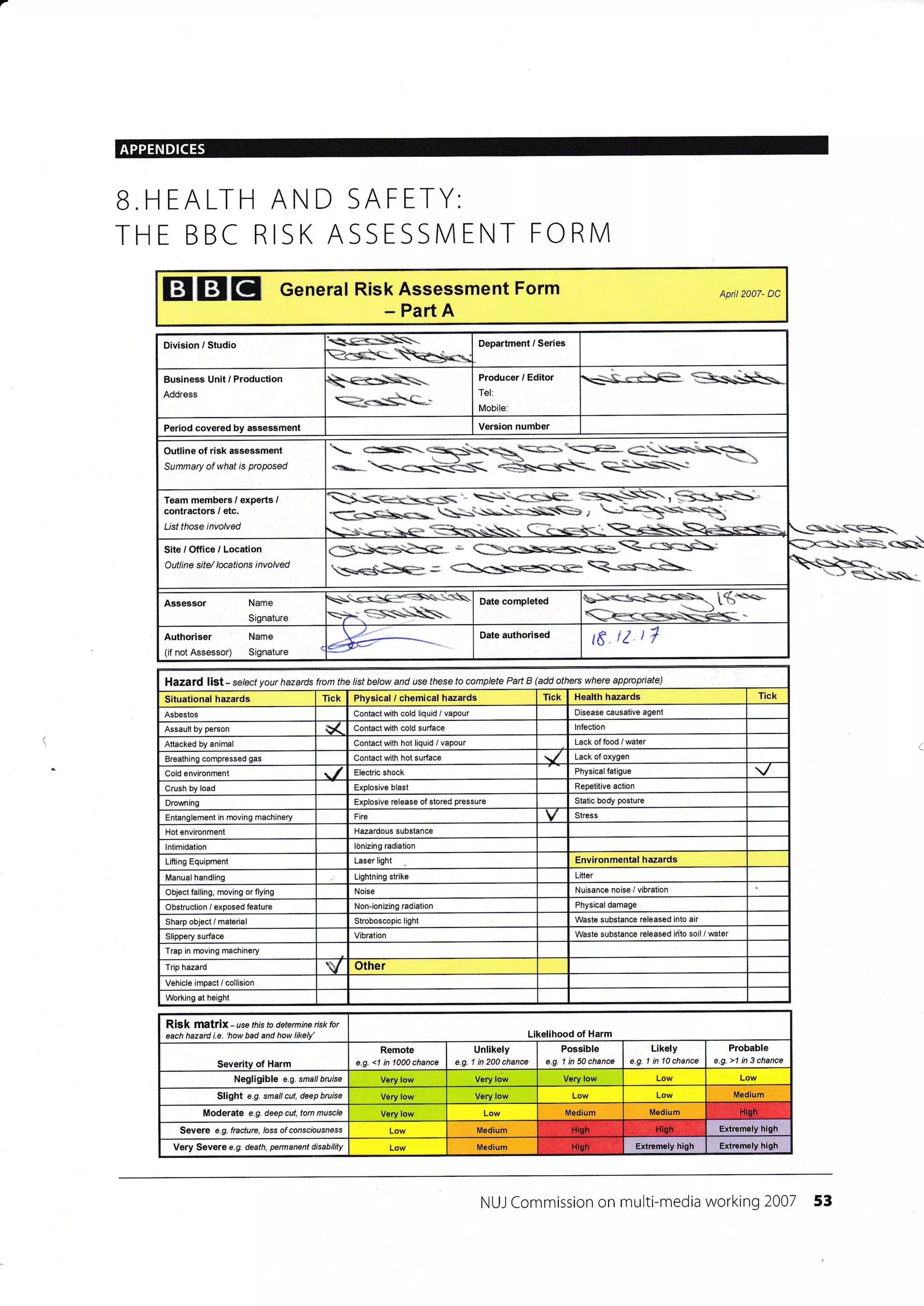 Health and Safety. Risk Assessment Form. | PDF