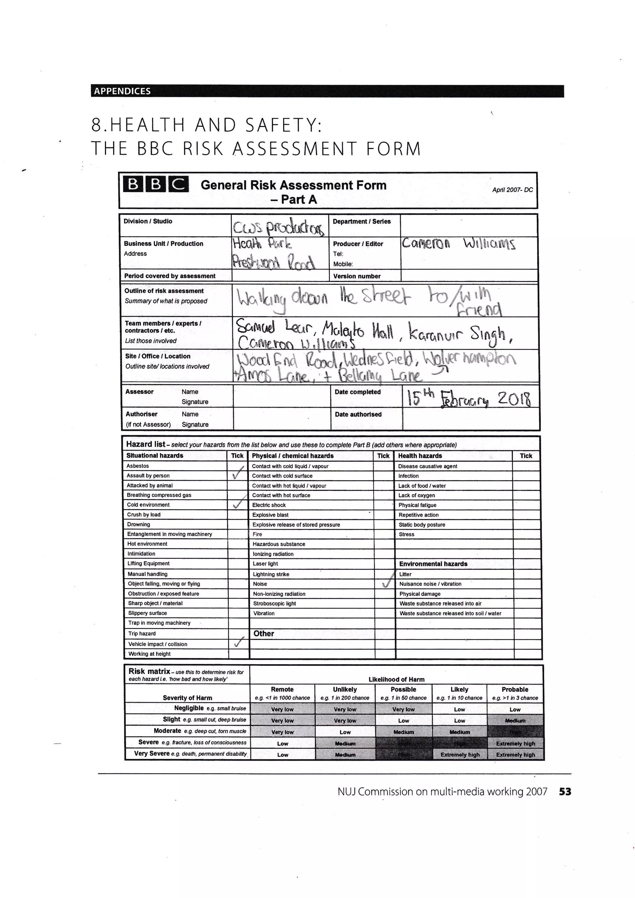 Risk Assessment, Call Sheets and Contributors Release Forms | PDF
