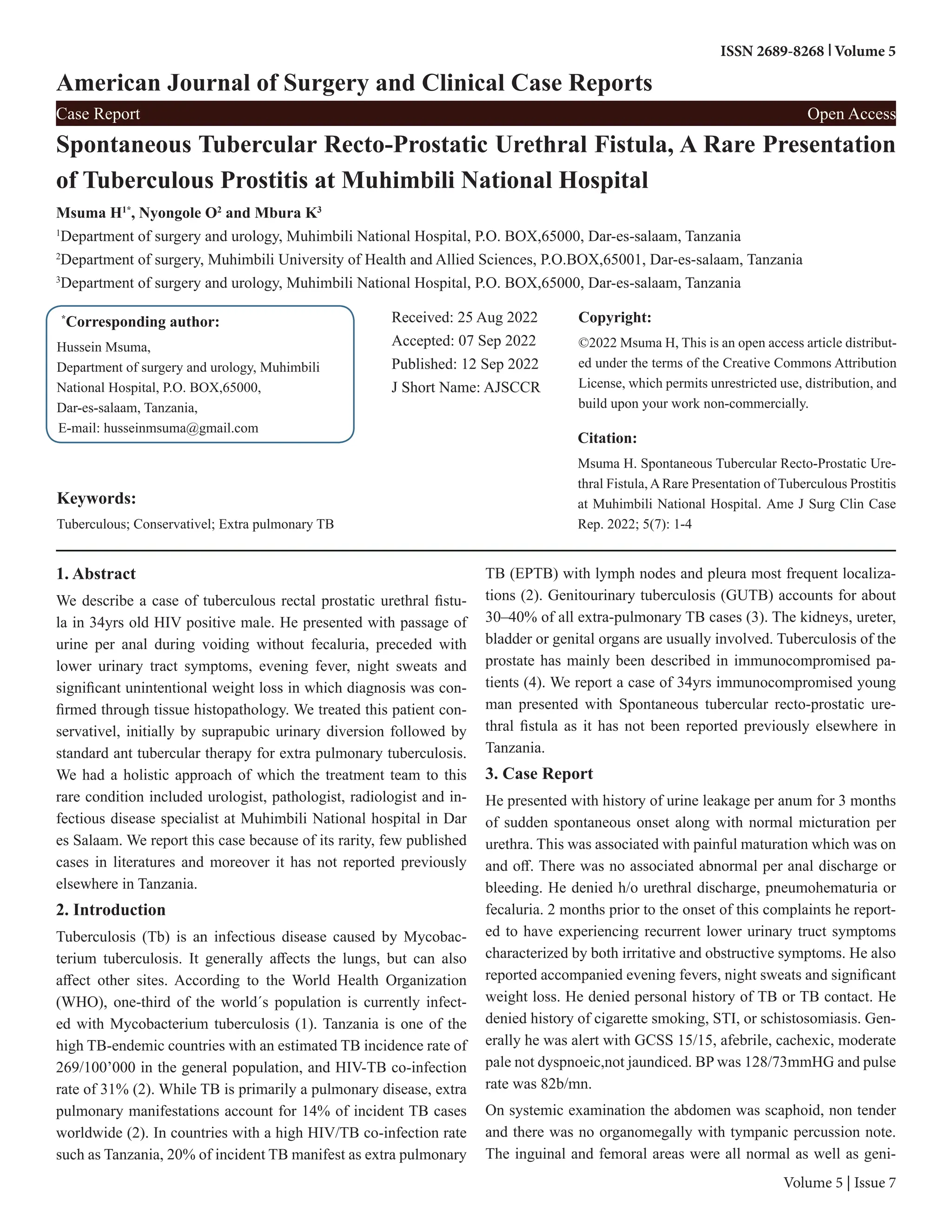 Spontaneous Tubercular Recto-Prostatic Urethral Fistula, A Rare ...