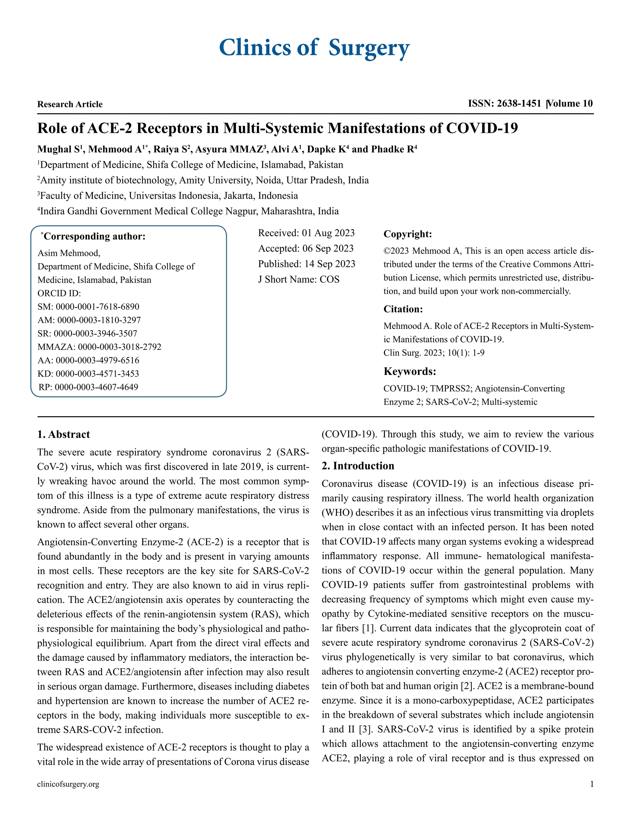 Role of ACE-2 Receptors in Multi-Systemic Manifestations of COVID-19 | PDF