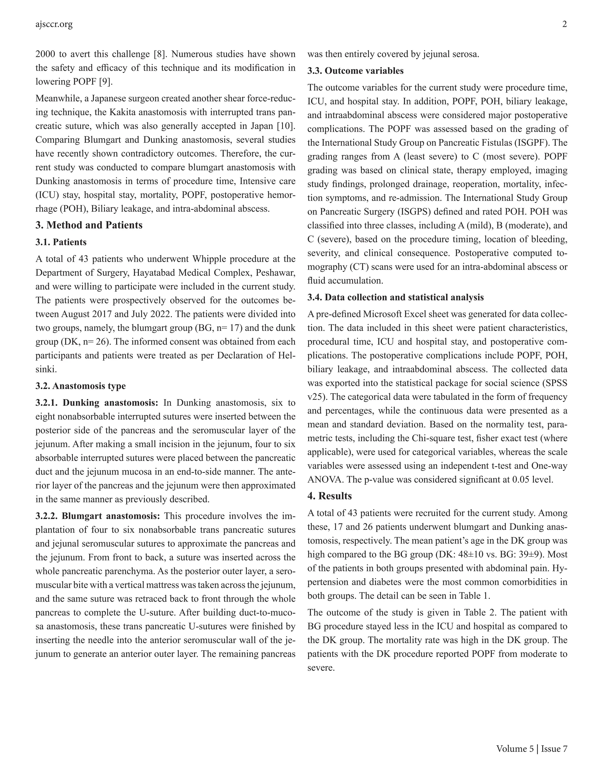 Comparison of BLUMGART vs. Dunking Pancreatico-Jejunostomy Anastomosis ...