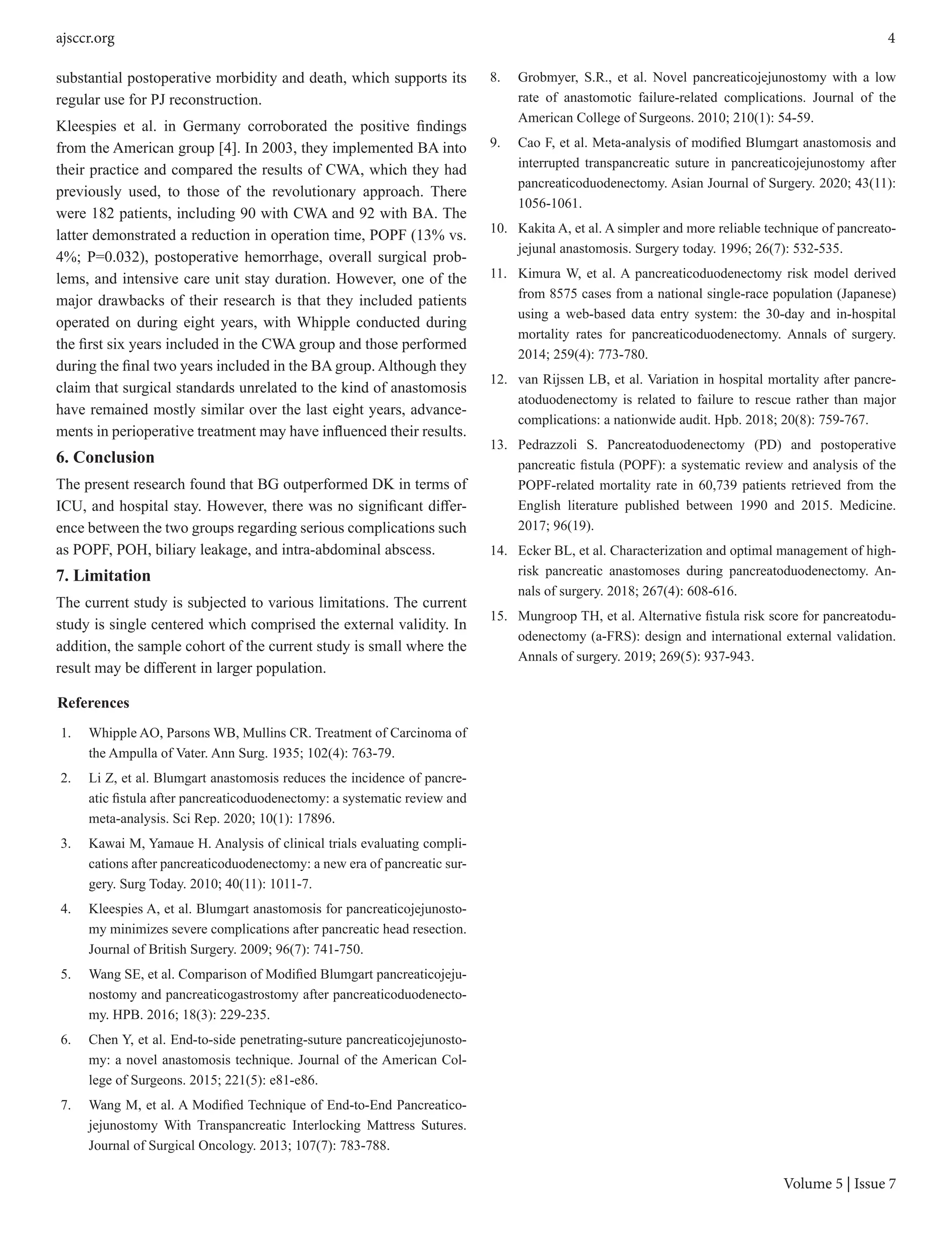 Comparison of BLUMGART vs. Dunking Pancreatico-Jejunostomy Anastomosis ...