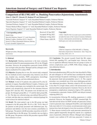 Comparison of BLUMGART vs. Dunking Pancreatico-Jejunostomy Anastomosis ...