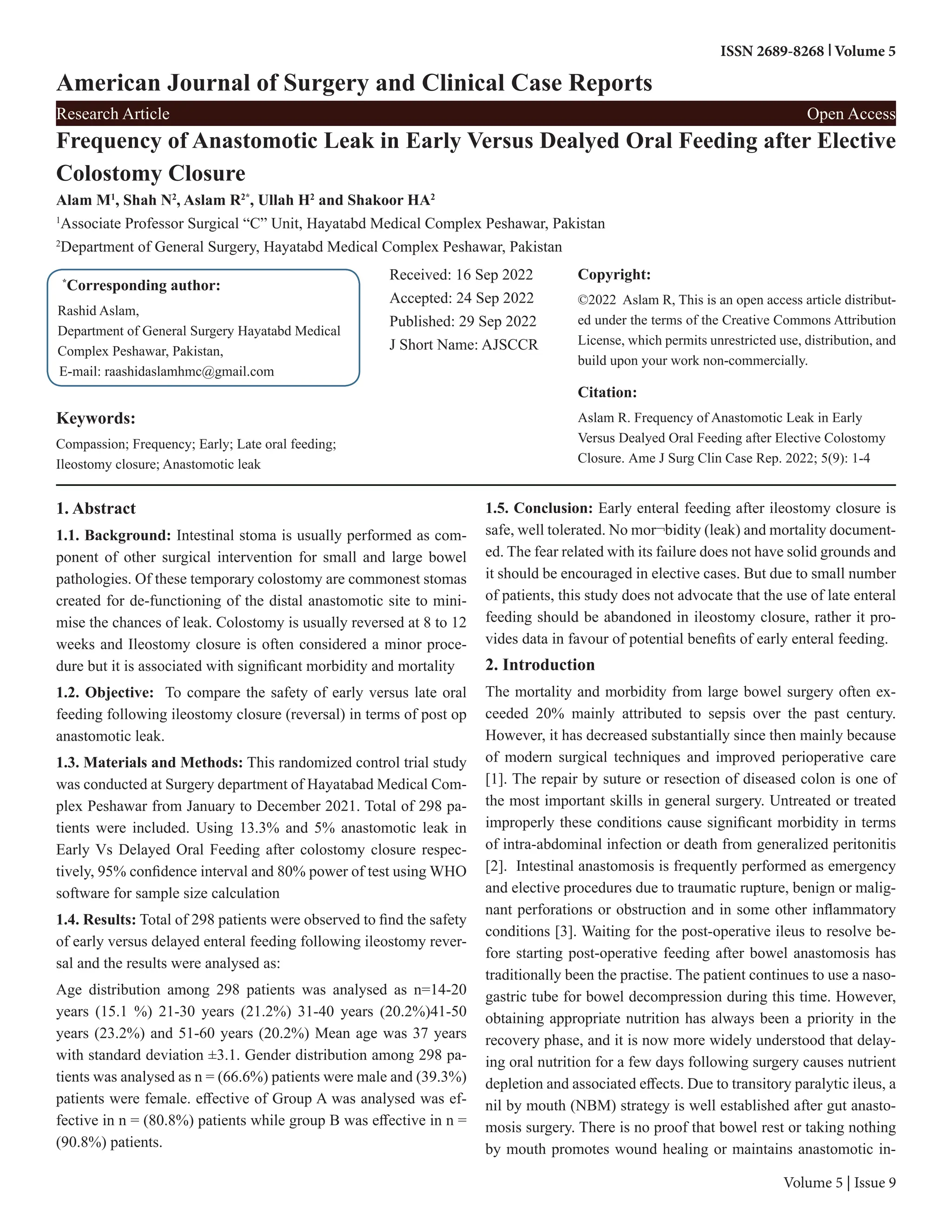 Frequency of Anastomotic Leak in Early Versus Dealyed Oral Feeding ...