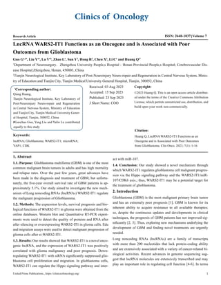 LncRNA WARS2-IT1 Functions as an Oncogene and is Associated with Poor ...