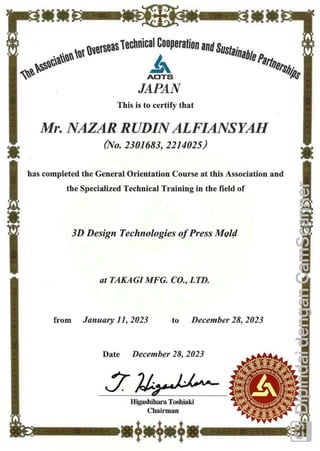 Nazar Rudin Alfiansyah (Certificate AOTS) | PDF