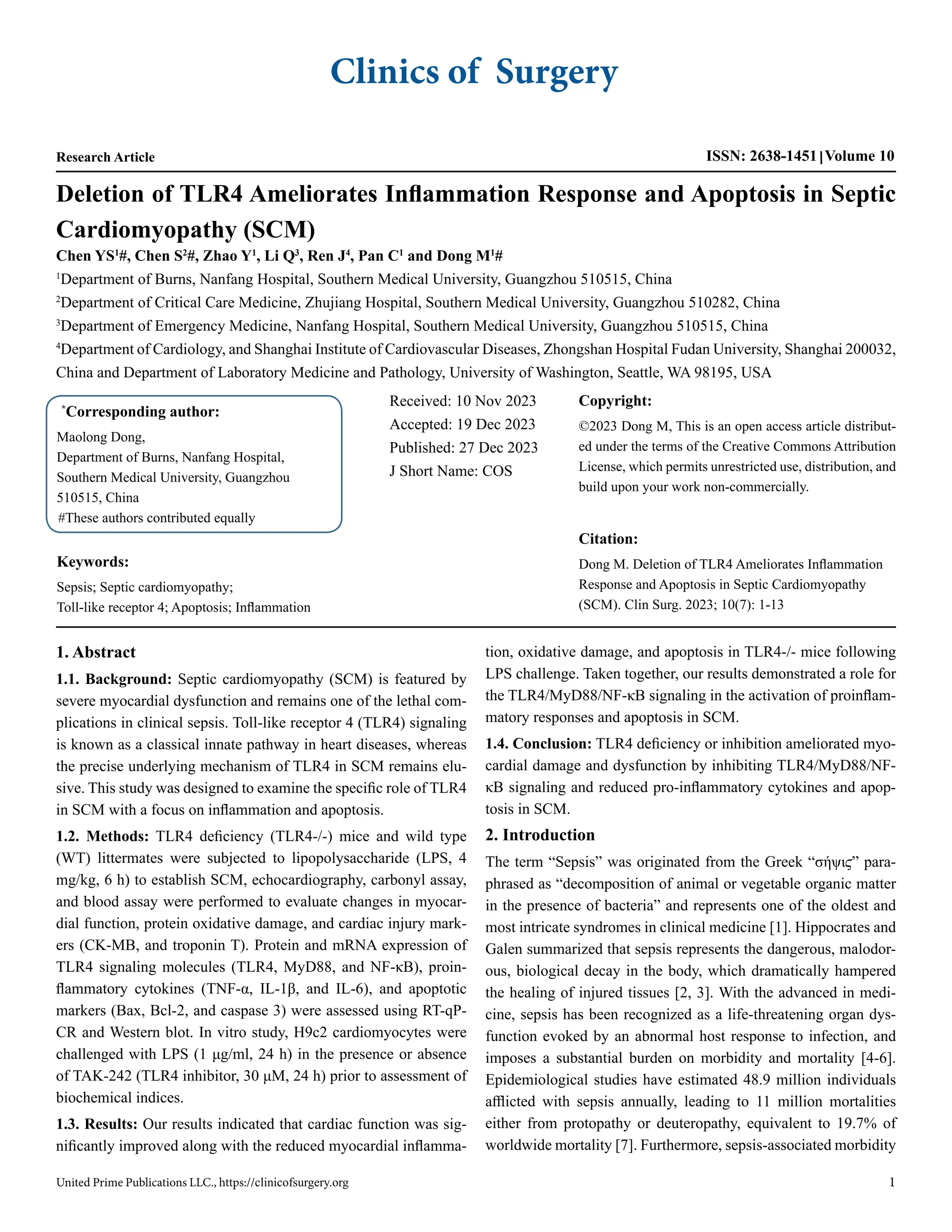 Deletion of TLR4 Ameliorates Inflammation Response and Apoptosis in ...