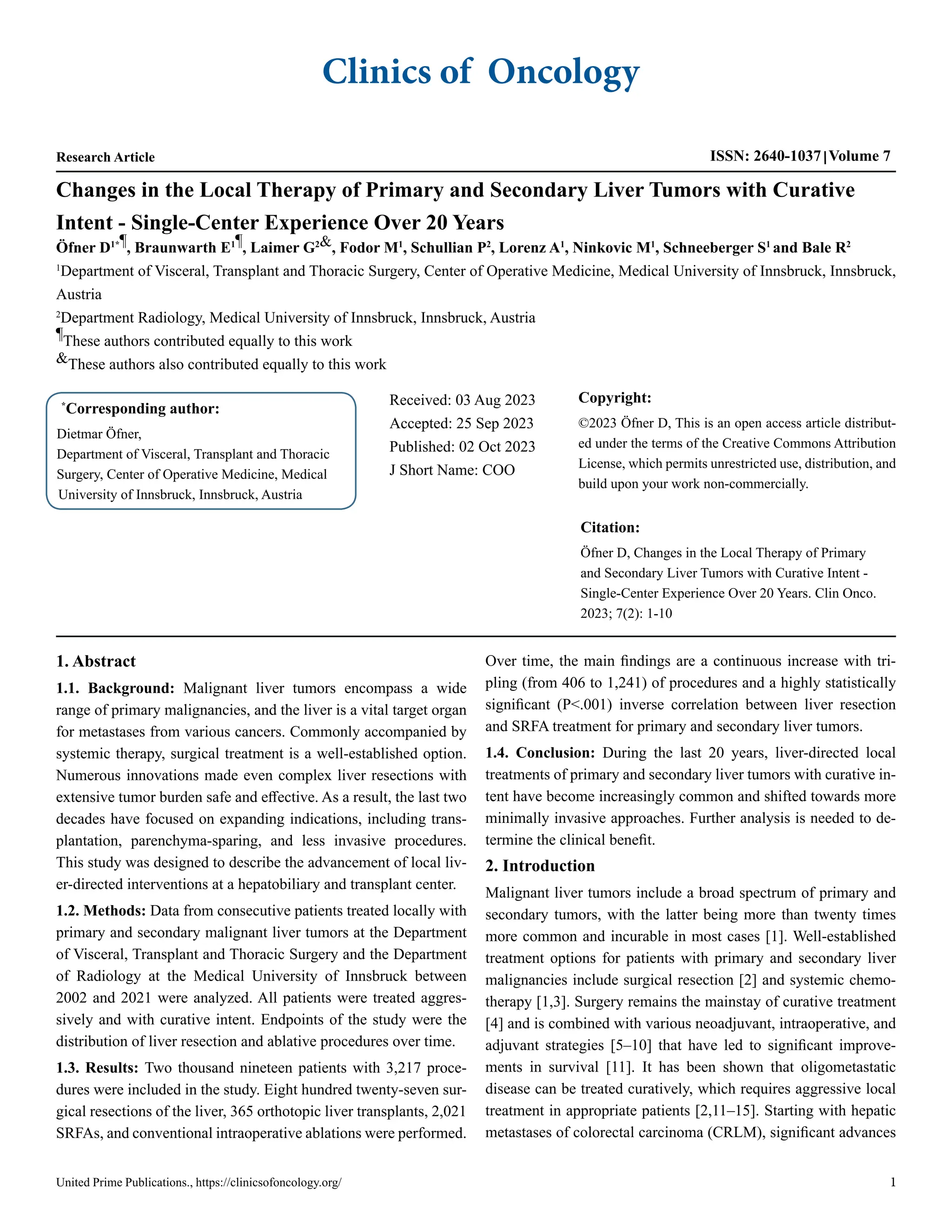 Changes in the Local Therapy of Primary and Secondary Liver Tumors with ...