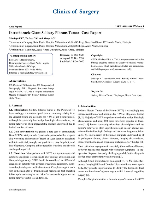 Intrathoracic Giant Solitary Fibrous Tumor Case Report Pdf