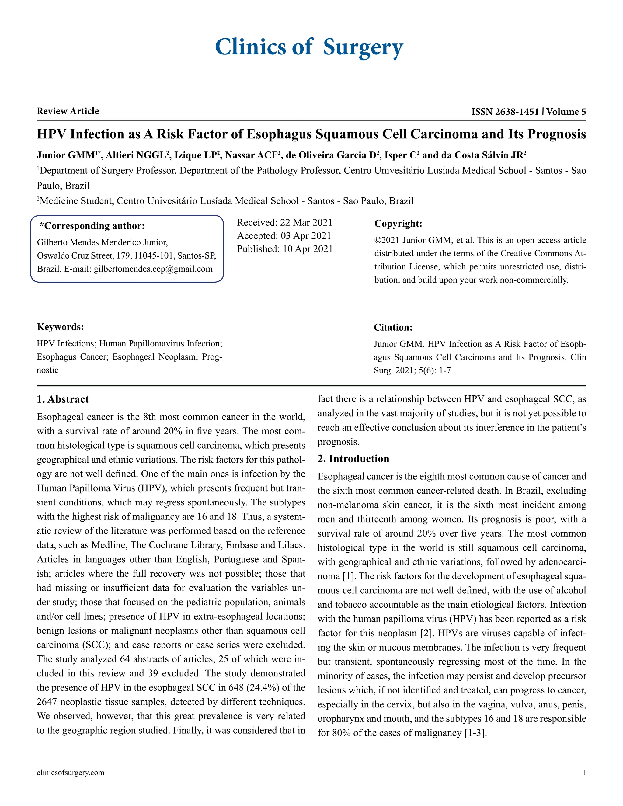 HPV Infection as A Risk Factor of Esophagus Squamous Cell Carcinoma and ...