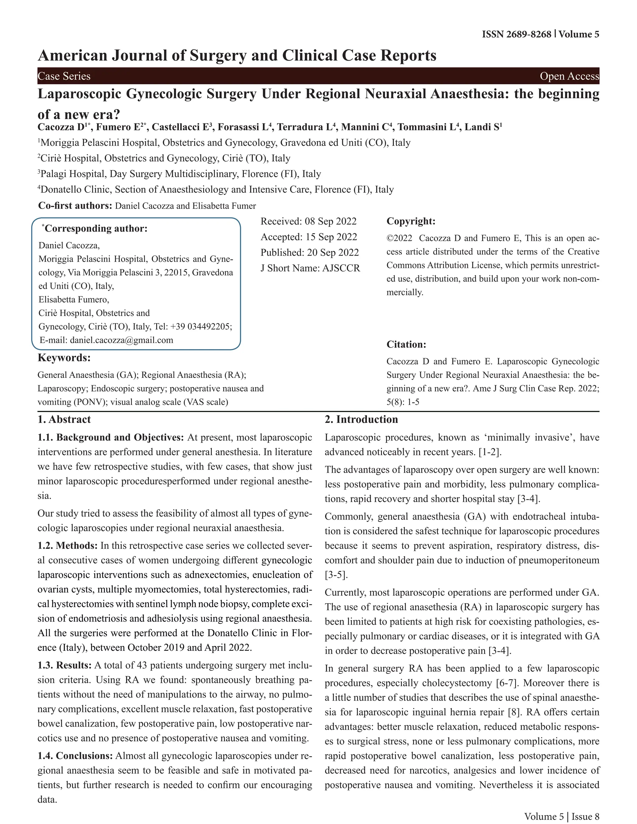 Laparoscopic Gynecologic Surgery Under Regional Neuraxial Anaesthesia ...