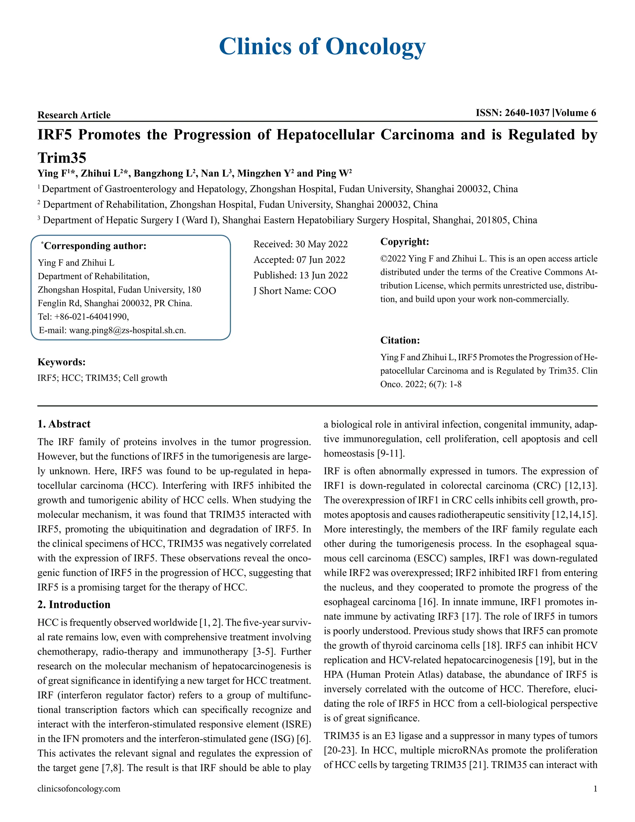 IRF5 Promotes the Progression of Hepatocellular Carcinoma and is ...