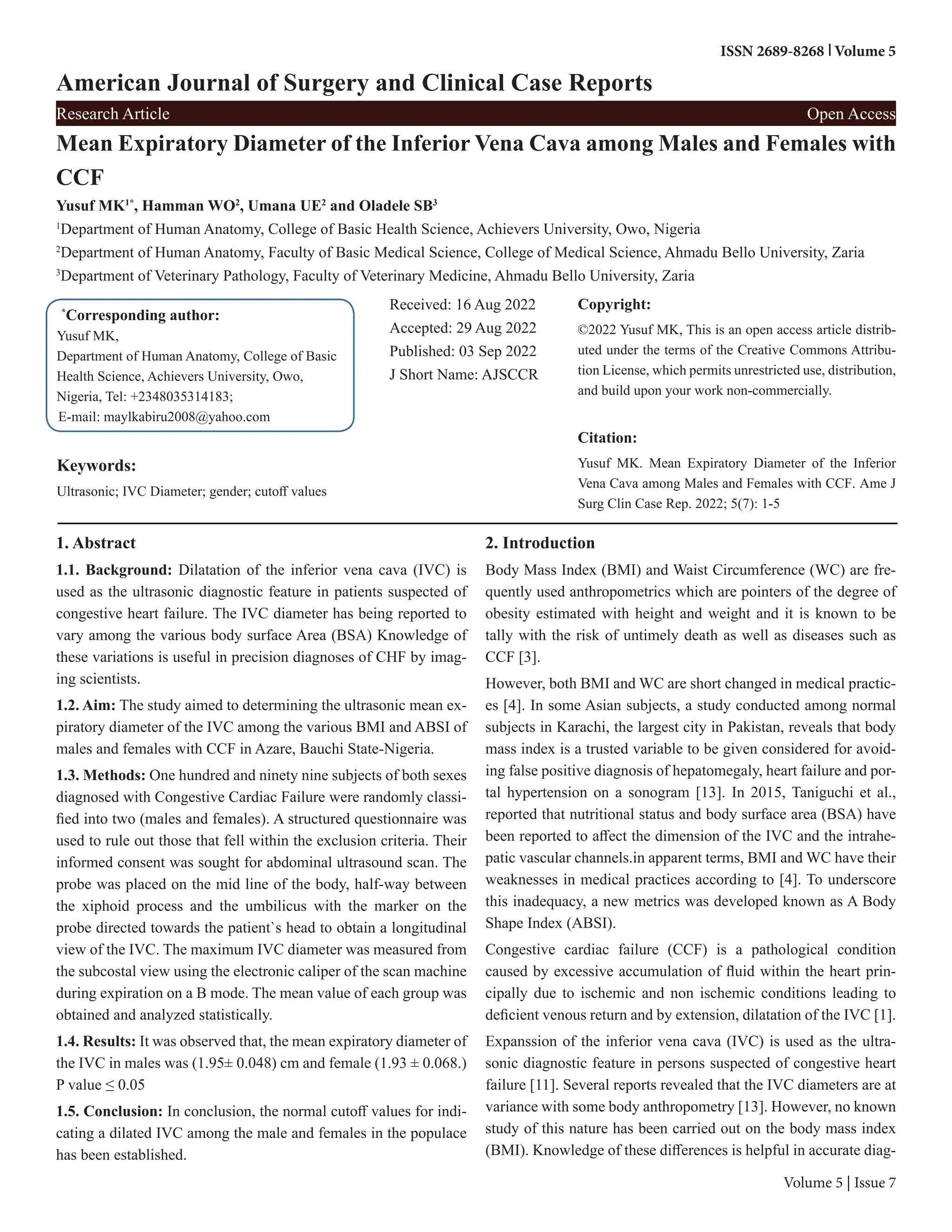Mean Expiratory Diameter of the Inferior Vena Cava among Males and ...