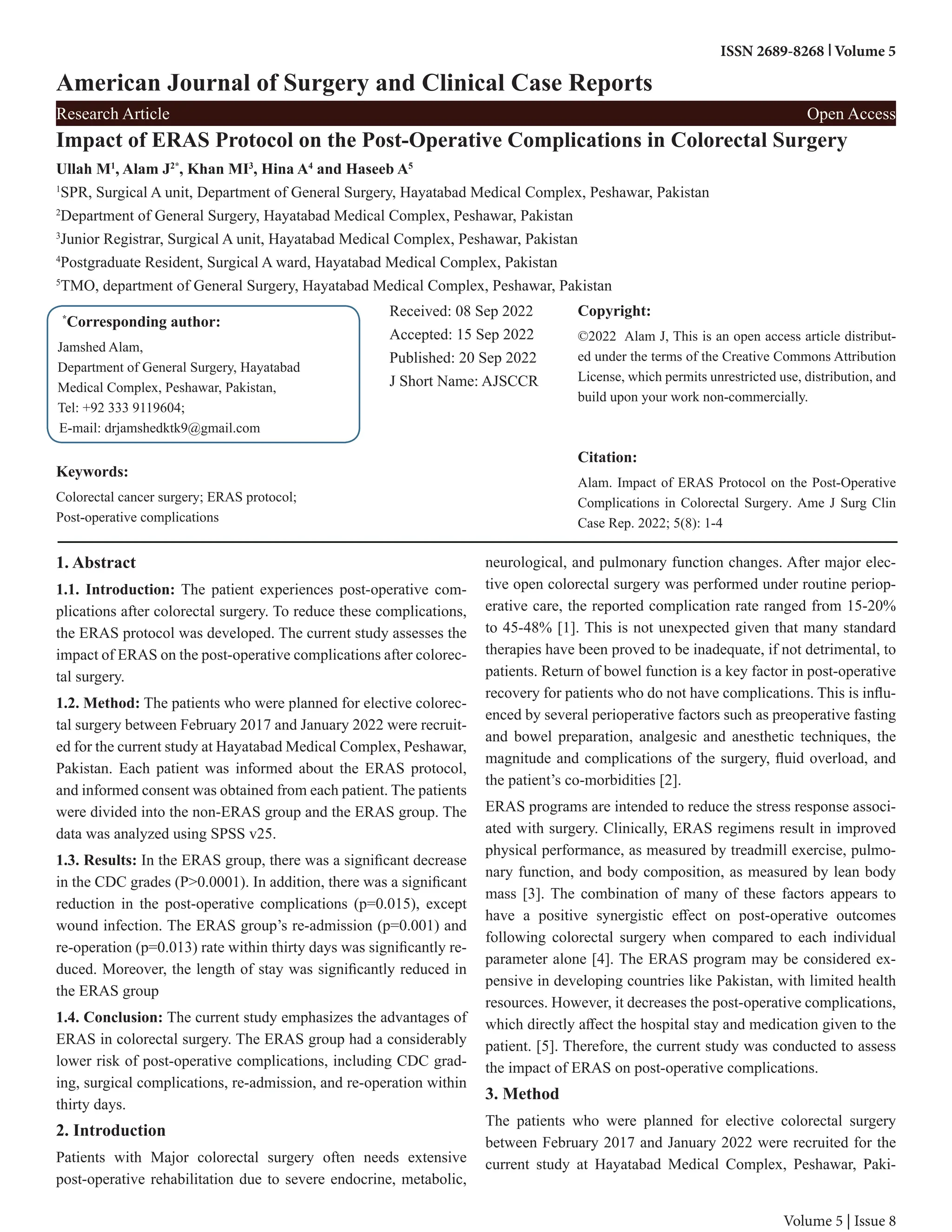 Impact of ERAS Protocol on the Post-Operative Complications in ...