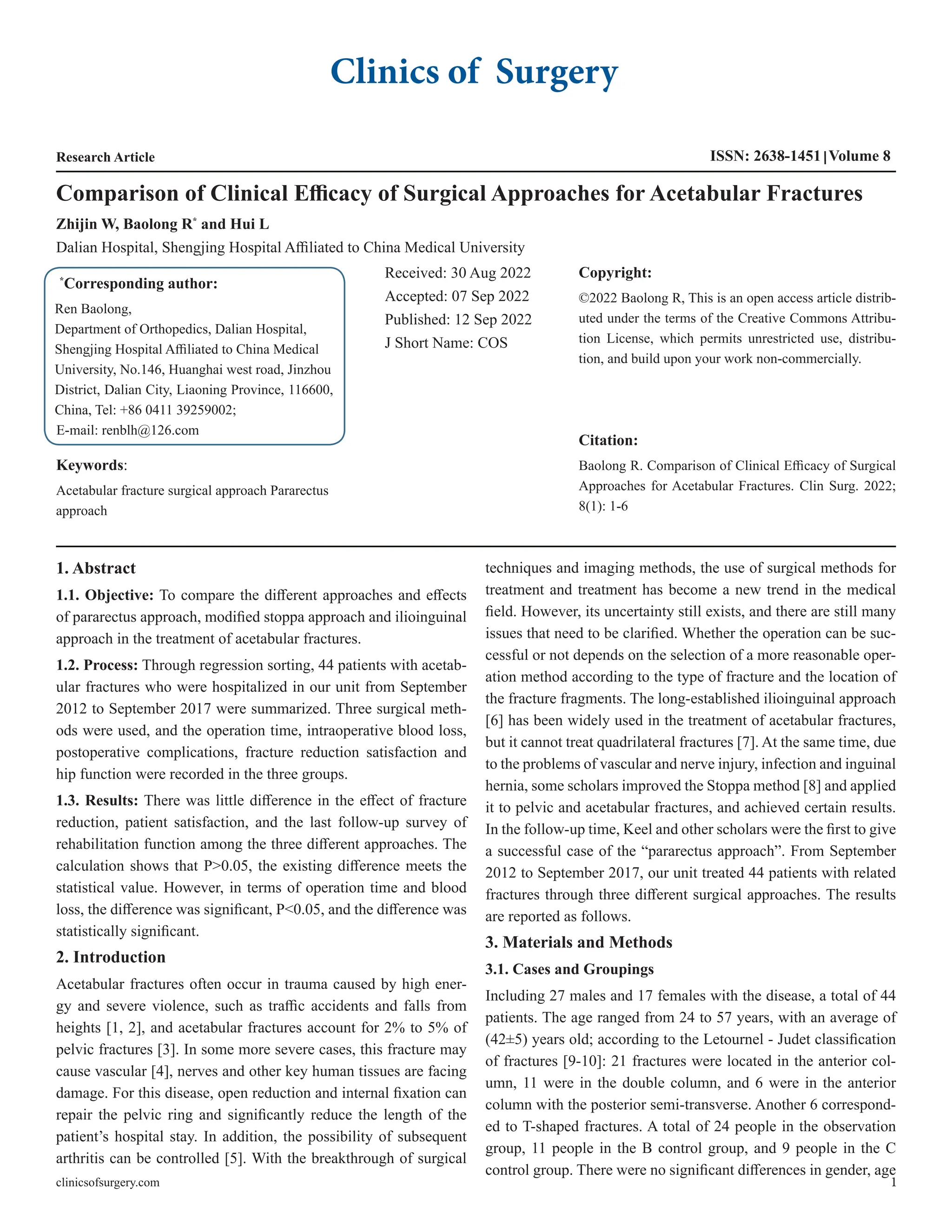 Comparison of Clinical Efficacy of Surgical Approaches for Acetabular ...