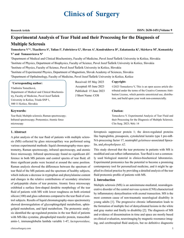 Experimental Analysis of Tear Fluid and their Processing for the ...