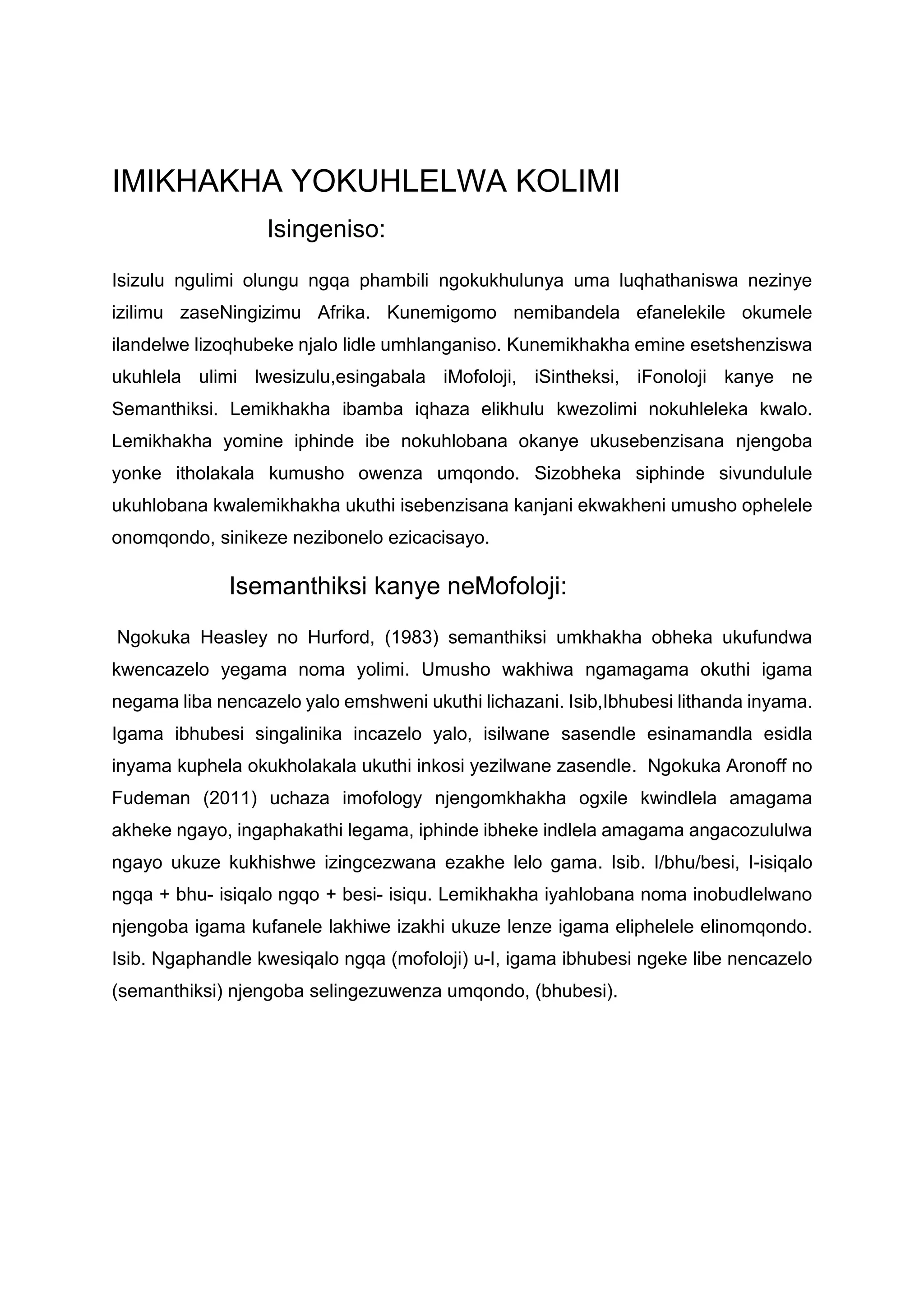 IMIKHAKHA EMINE YOKUHLELWA KOLIMI. IsiZulu | PDF