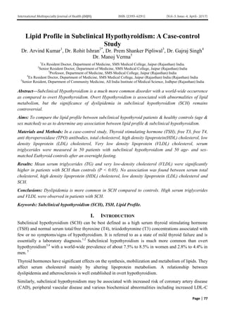 Lipid Profile in Subclinical Hypothyroidism: A Case-control Study | PDF