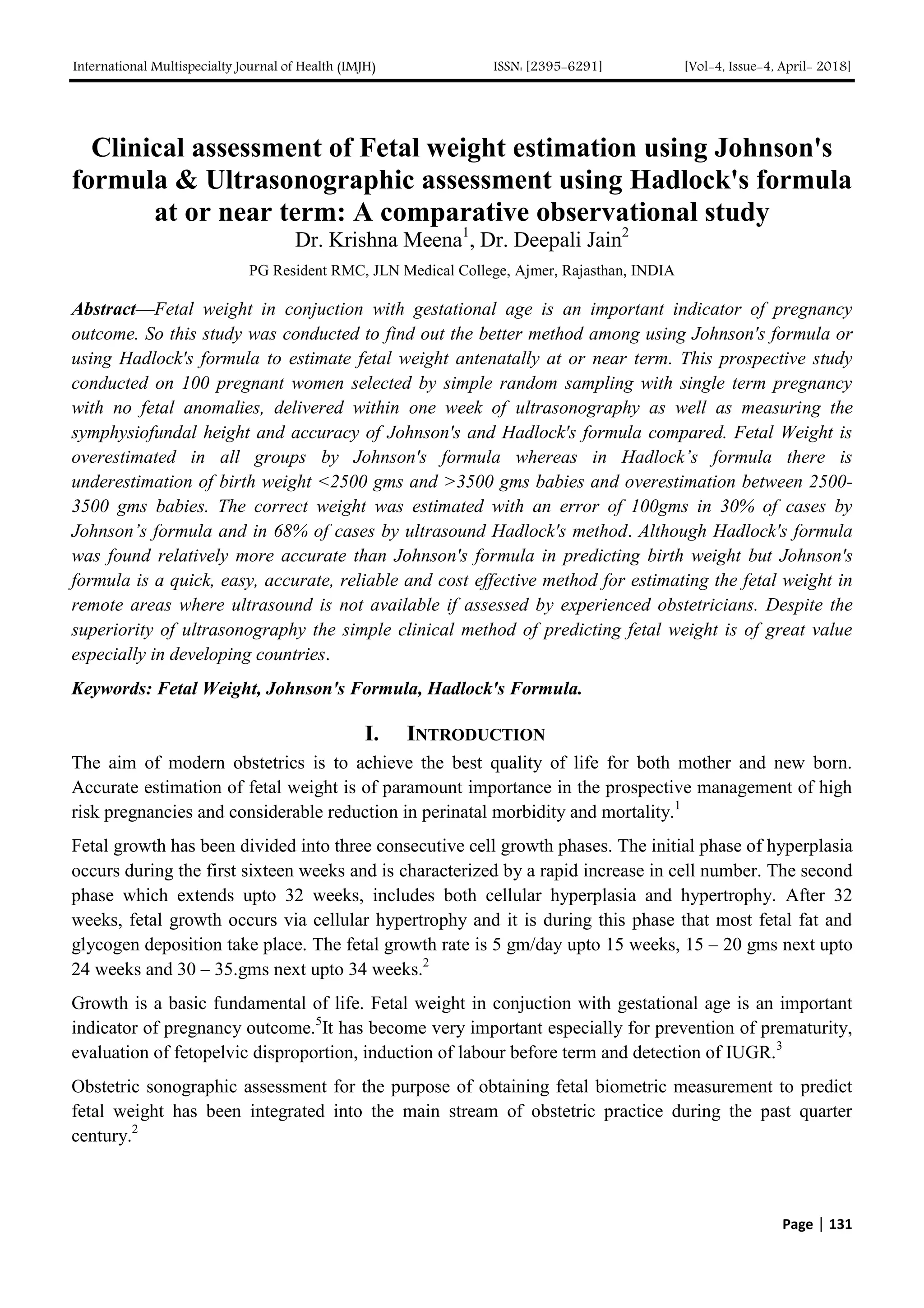 Clinical assessment of Fetal weight estimation using Johnson's formula ...