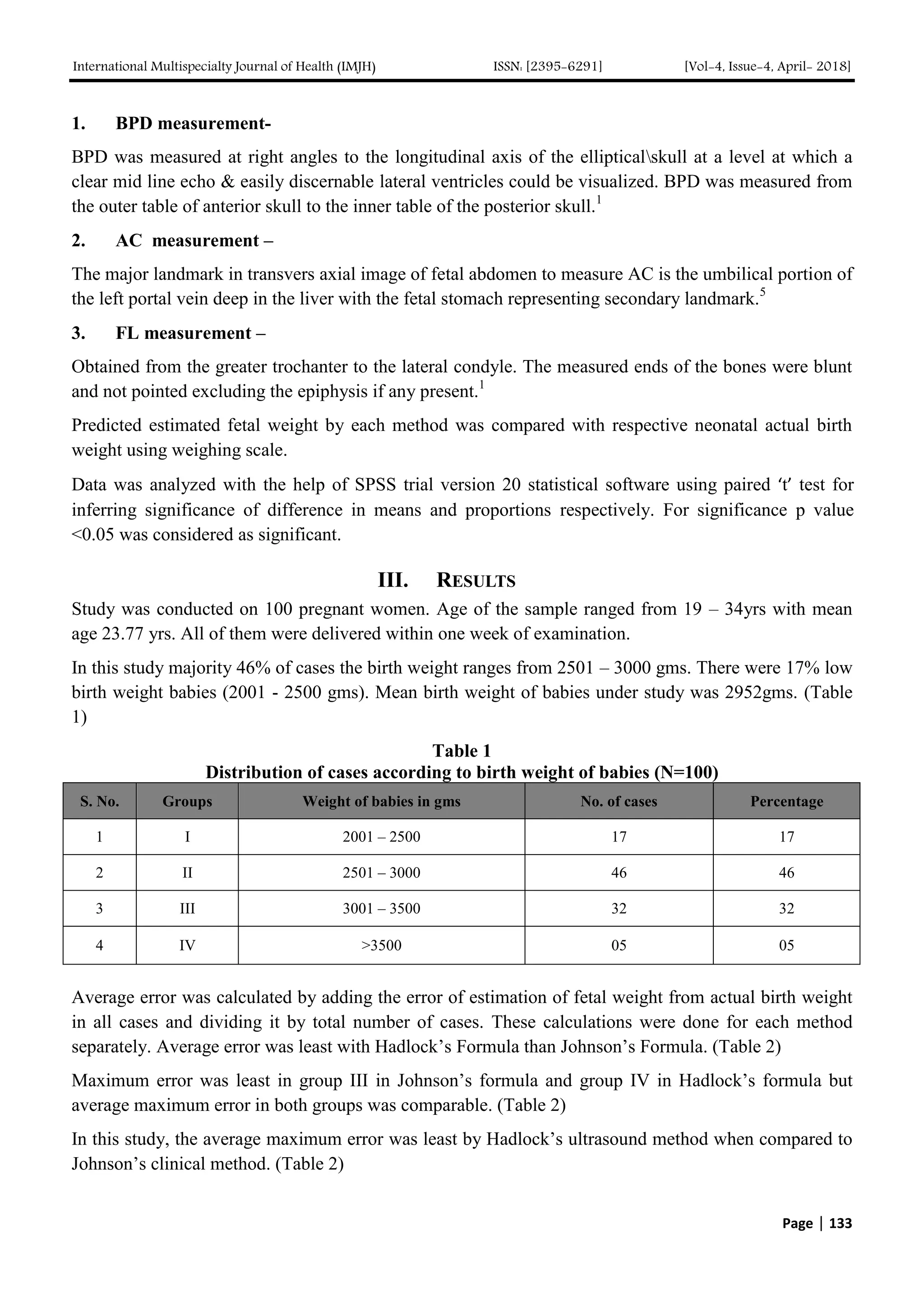 Clinical assessment of Fetal weight estimation using Johnson's formula ...