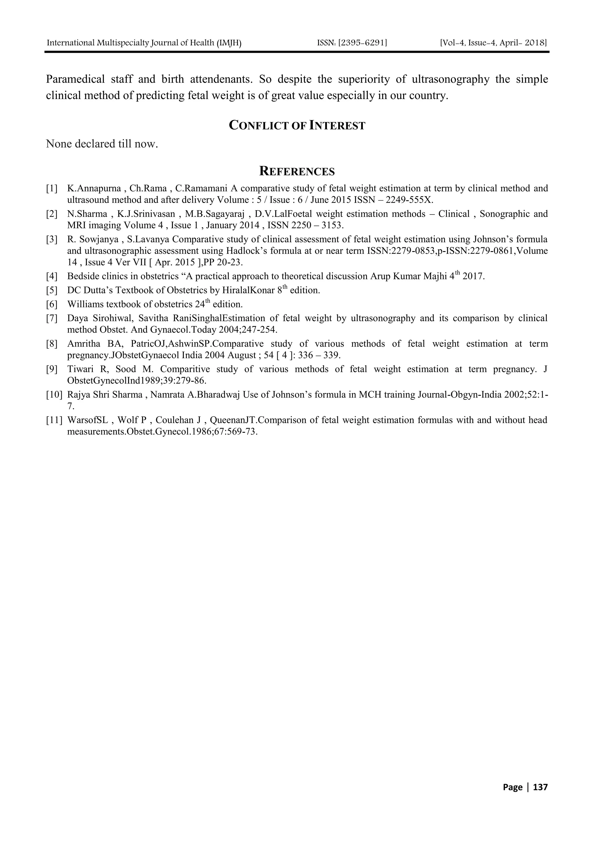 Clinical assessment of Fetal weight estimation using Johnson's formula ...