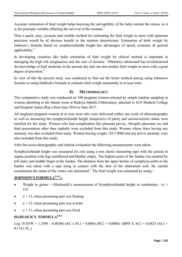 Clinical assessment of Fetal weight estimation using Johnson's formula ...