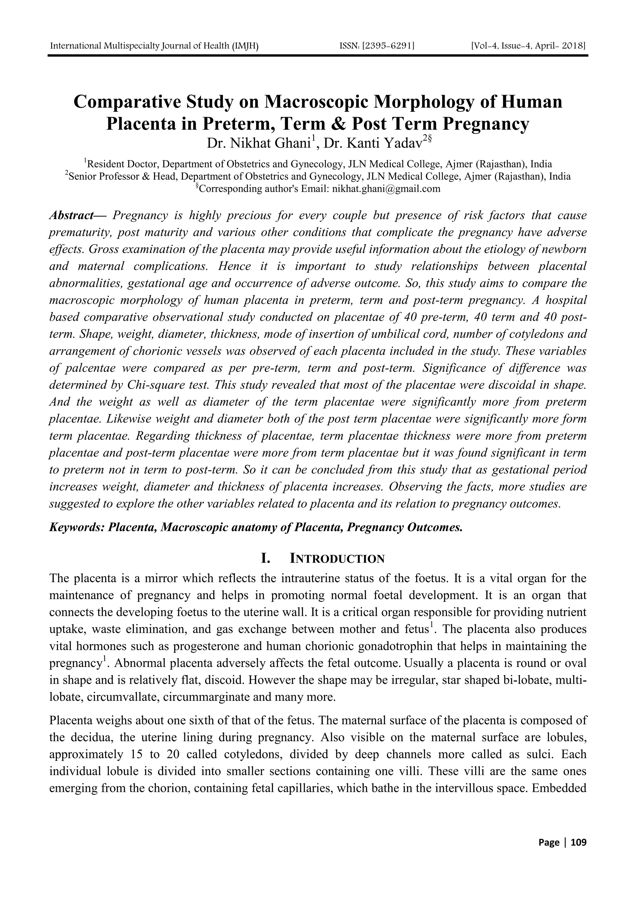 Comparative Study on Macroscopic Morphology of Human Placenta in ...