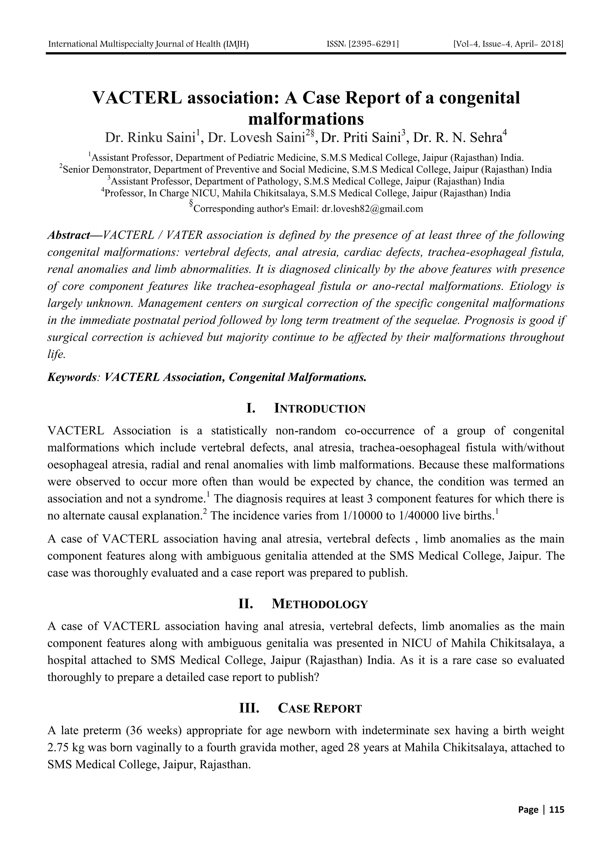VACTERL association: A Case Report of a congenital malformations | PDF