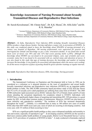 Knowledge Assessment of Nursing Personnel about Sexually Transmitted Diseases and Reproductive ...