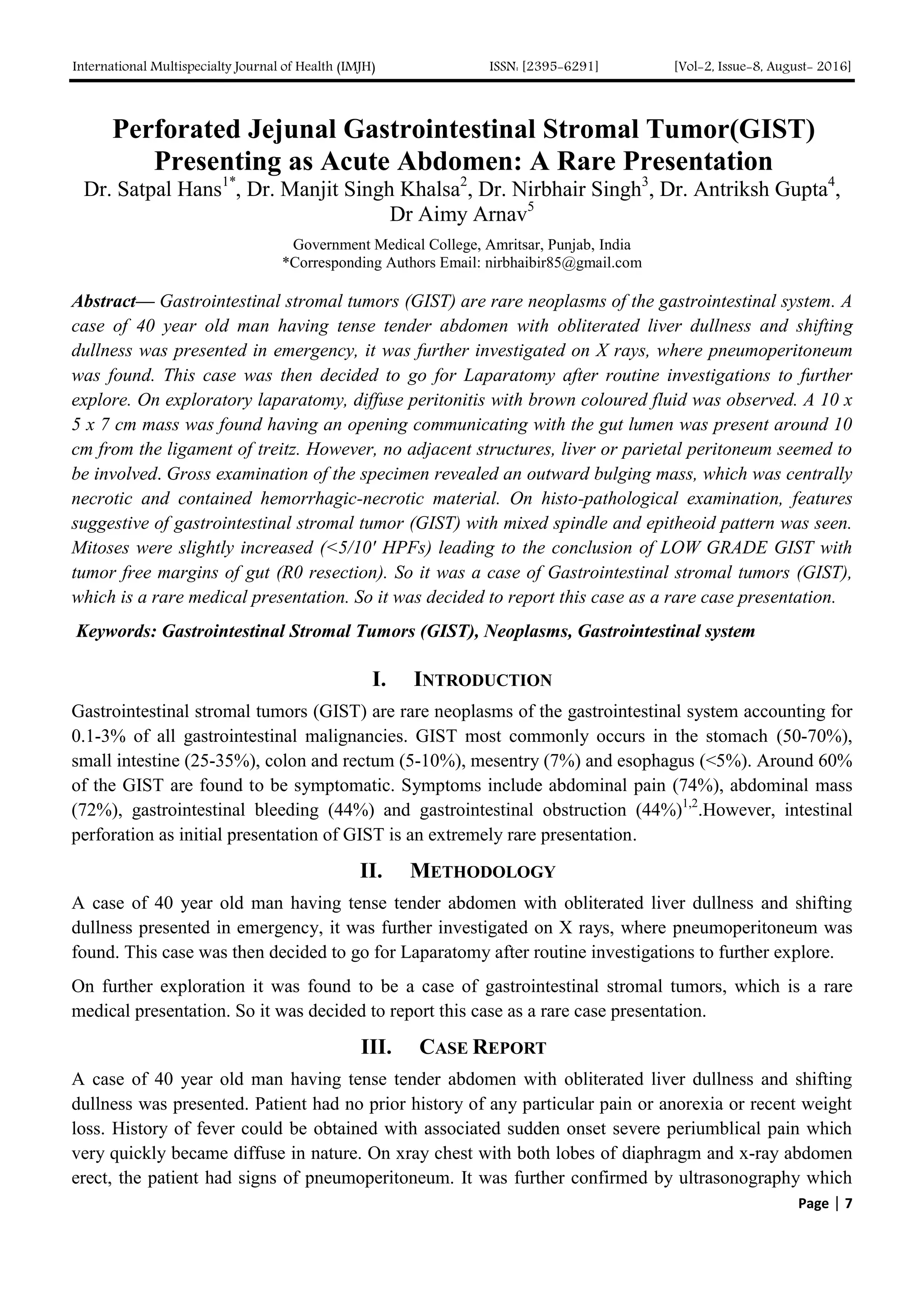 Perforated Jejunal Gastrointestinal Stromal Tumor Gist Presenting As Acute Abdomen A Rare
