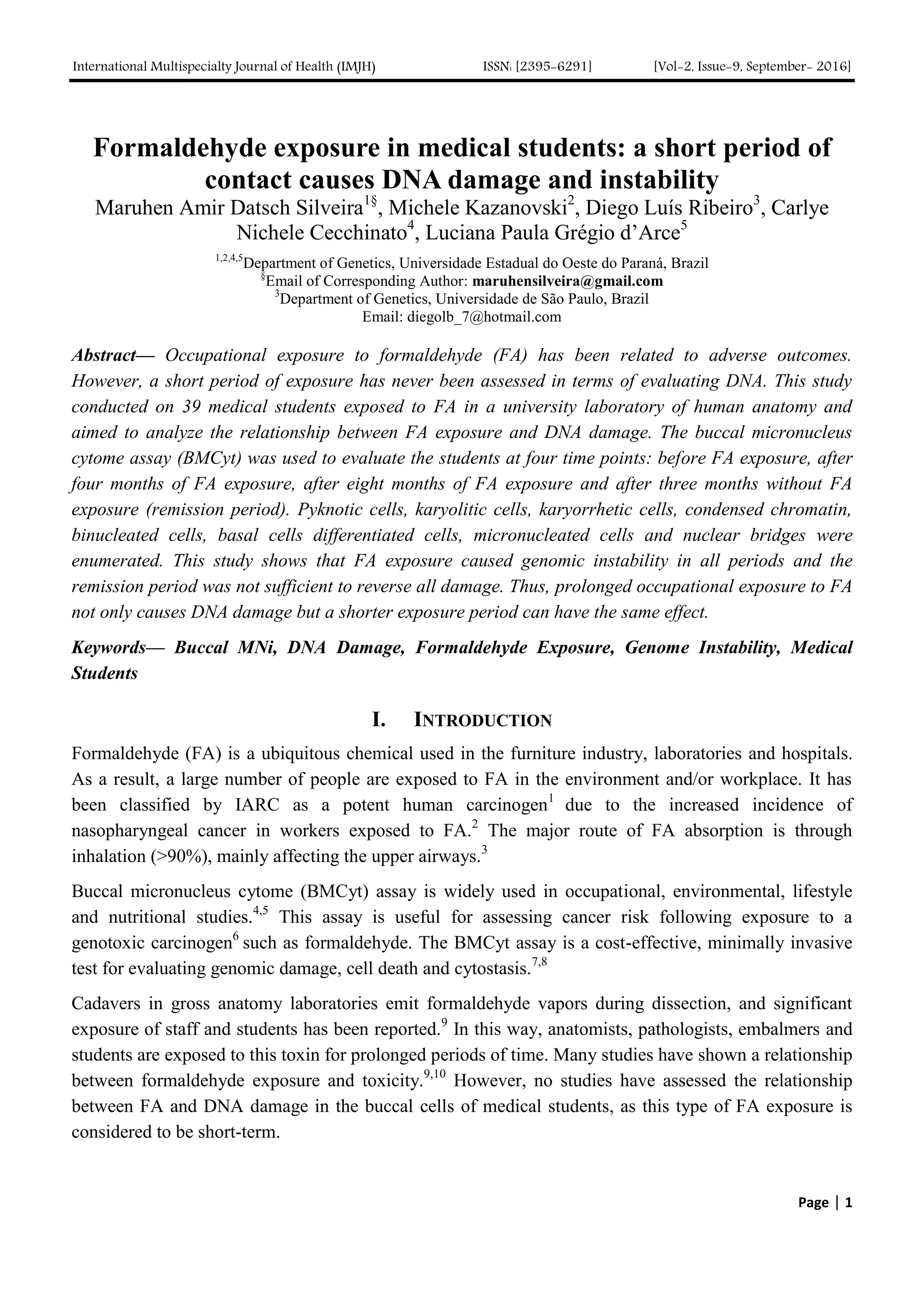 Formaldehyde exposure in medical students: a short period of contact ...