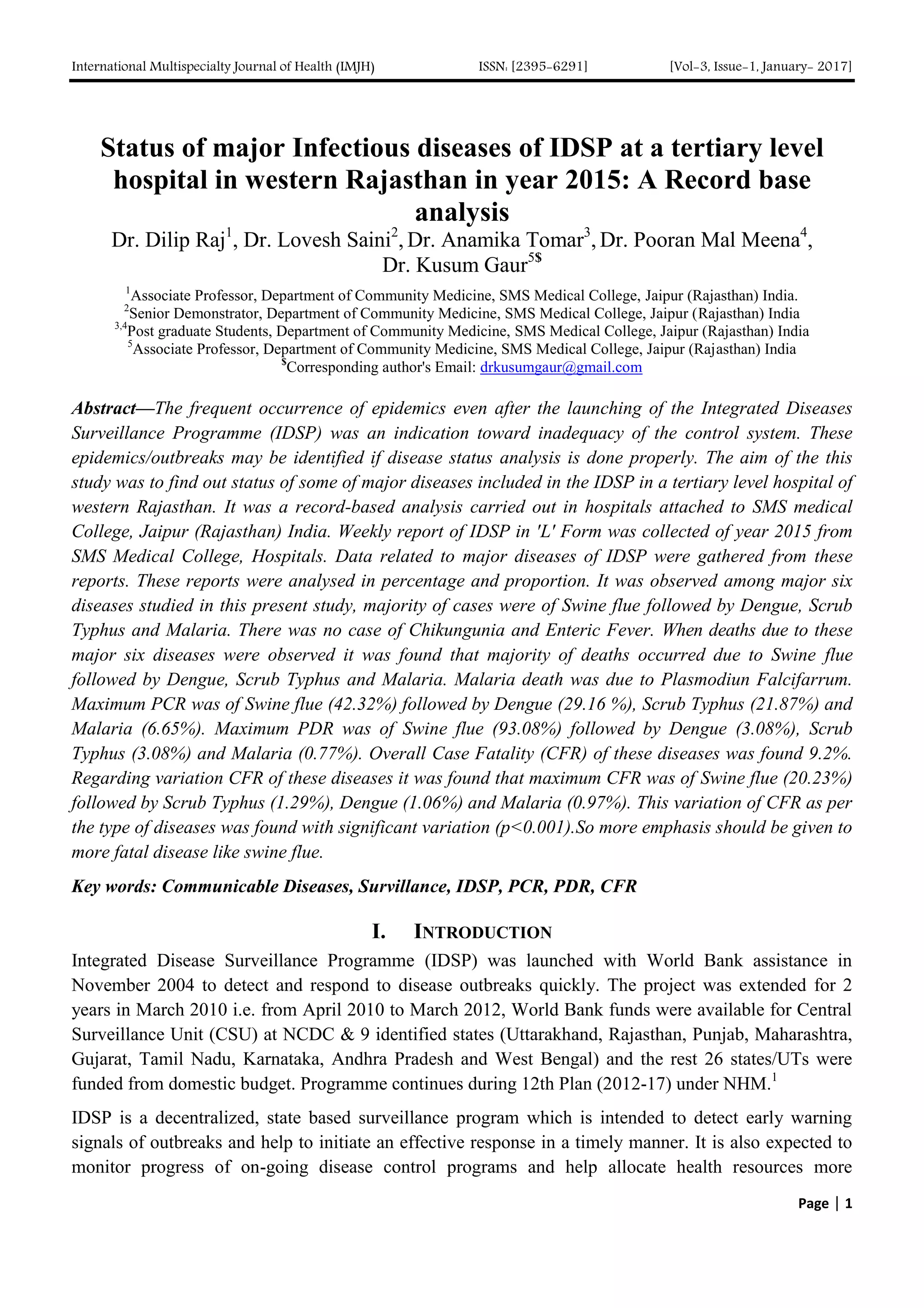 Status of major Infectious diseases of IDSP at a tertiary level ...