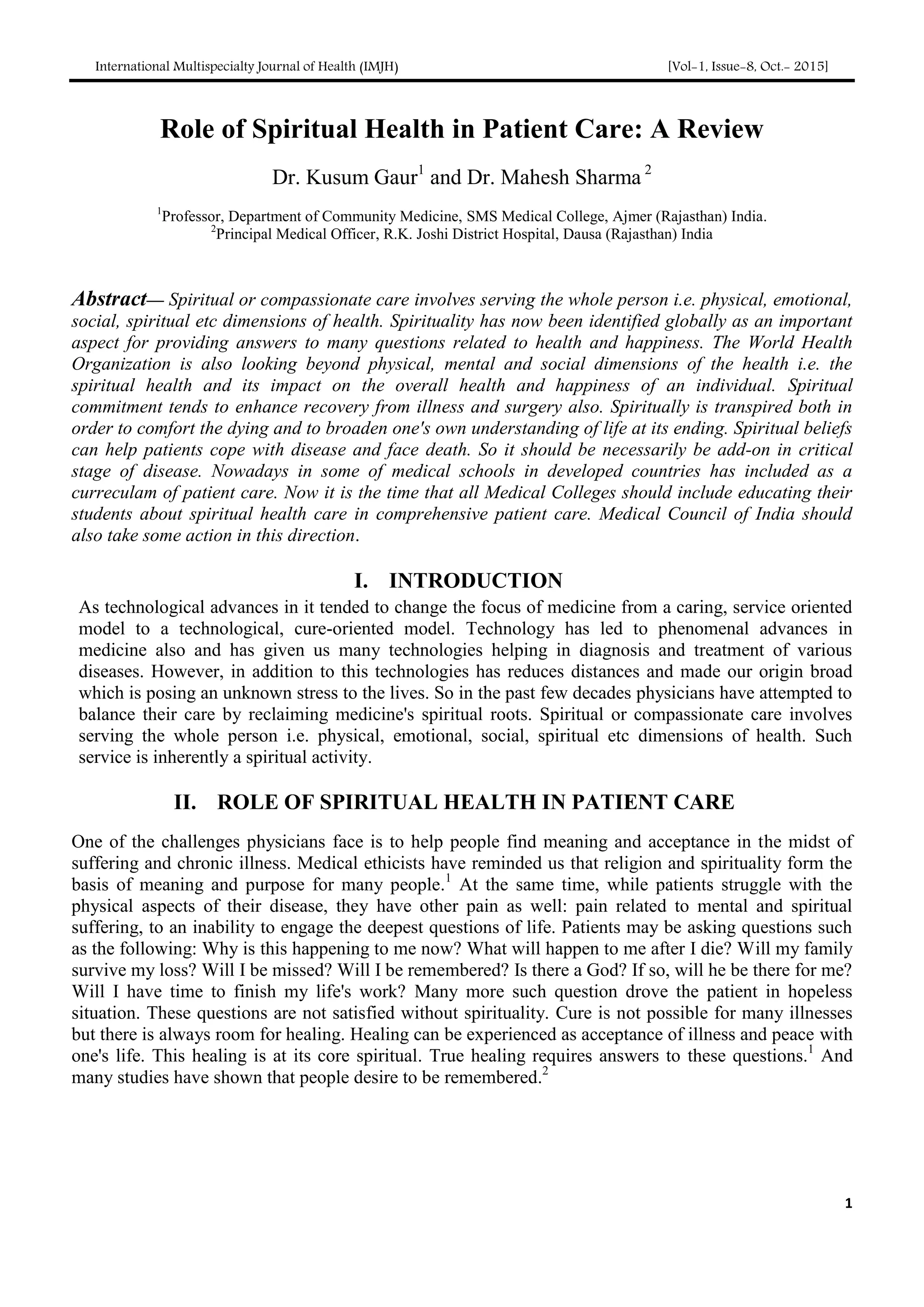 Role of Spiritual Health in Patient Care: A Review | PDF