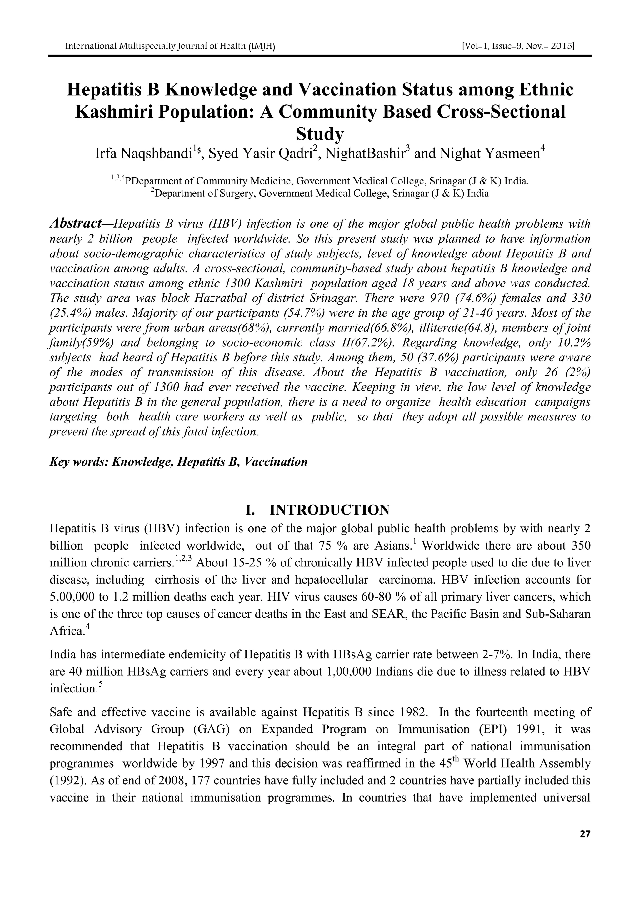 Hepatitis B Knowledge and Vaccination Status among Ethnic Kashmiri ...